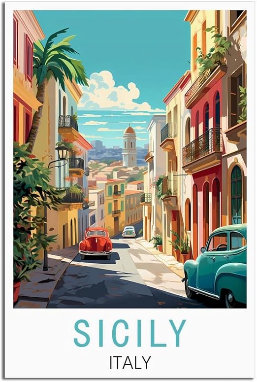 HYBFQXELL Sicily Italy Vintage Travel Poster Landscape 08x12inch ...