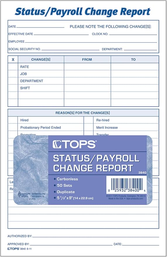 Amazon.com : TOPS Employee Status/Payroll Change Report, 2-Part ...