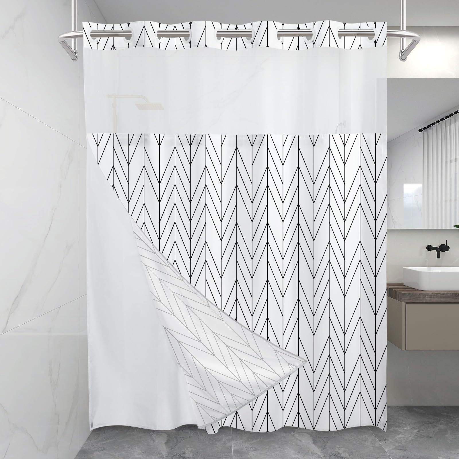 Amazon.com: LXBNI No Hook Geometric Striped Shower Curtain with Snap in Fabric Liner Set - Hotel ...