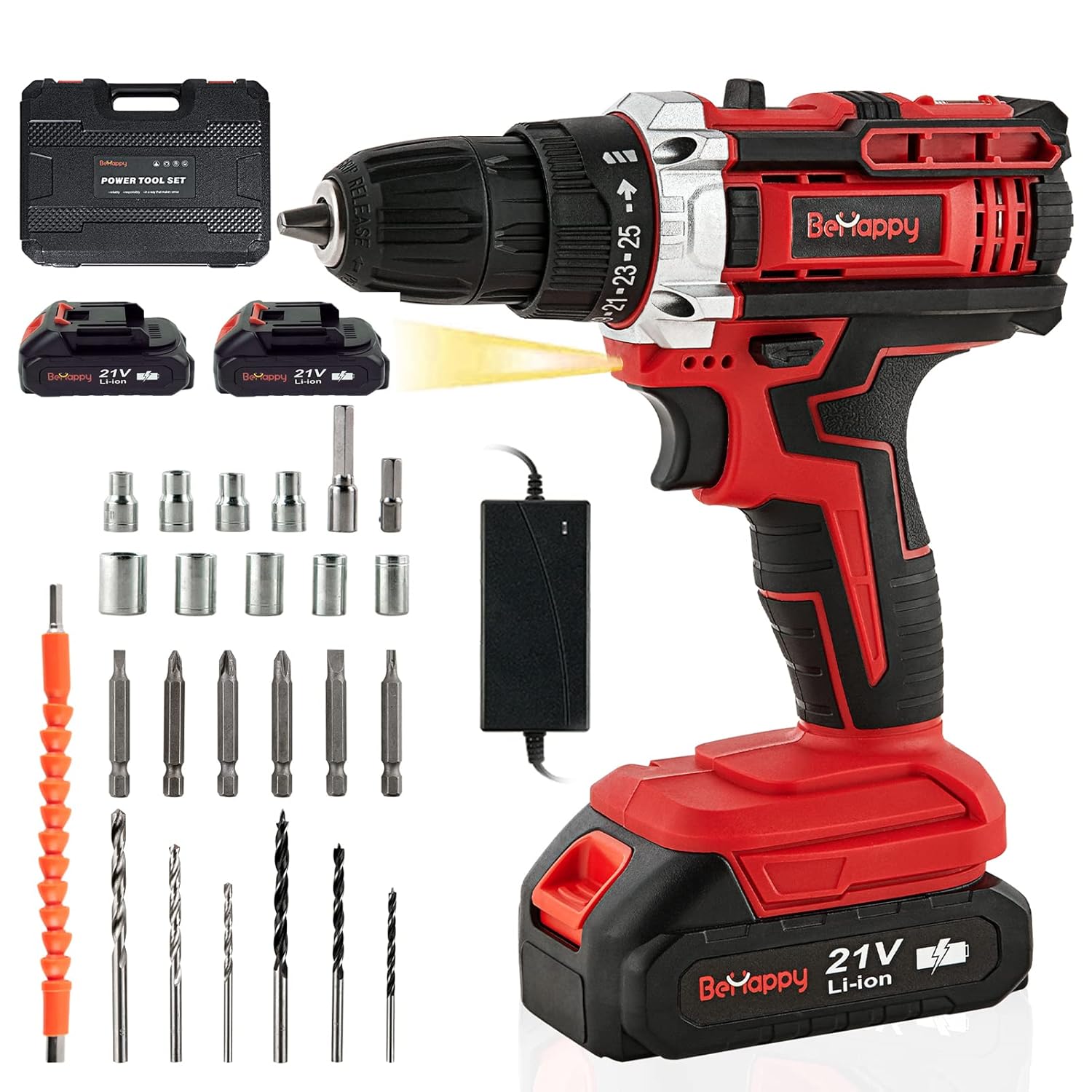 BeHappy Cordless Drill Set, 21V Power Drill Set, Electric Drill Kit with 2 Batteries and Charger ...
