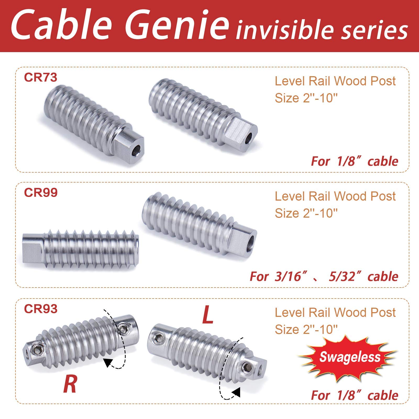 Muzata 10Pack 1/8" Invisible Cable Railing Kit Swage Lag Screw ...