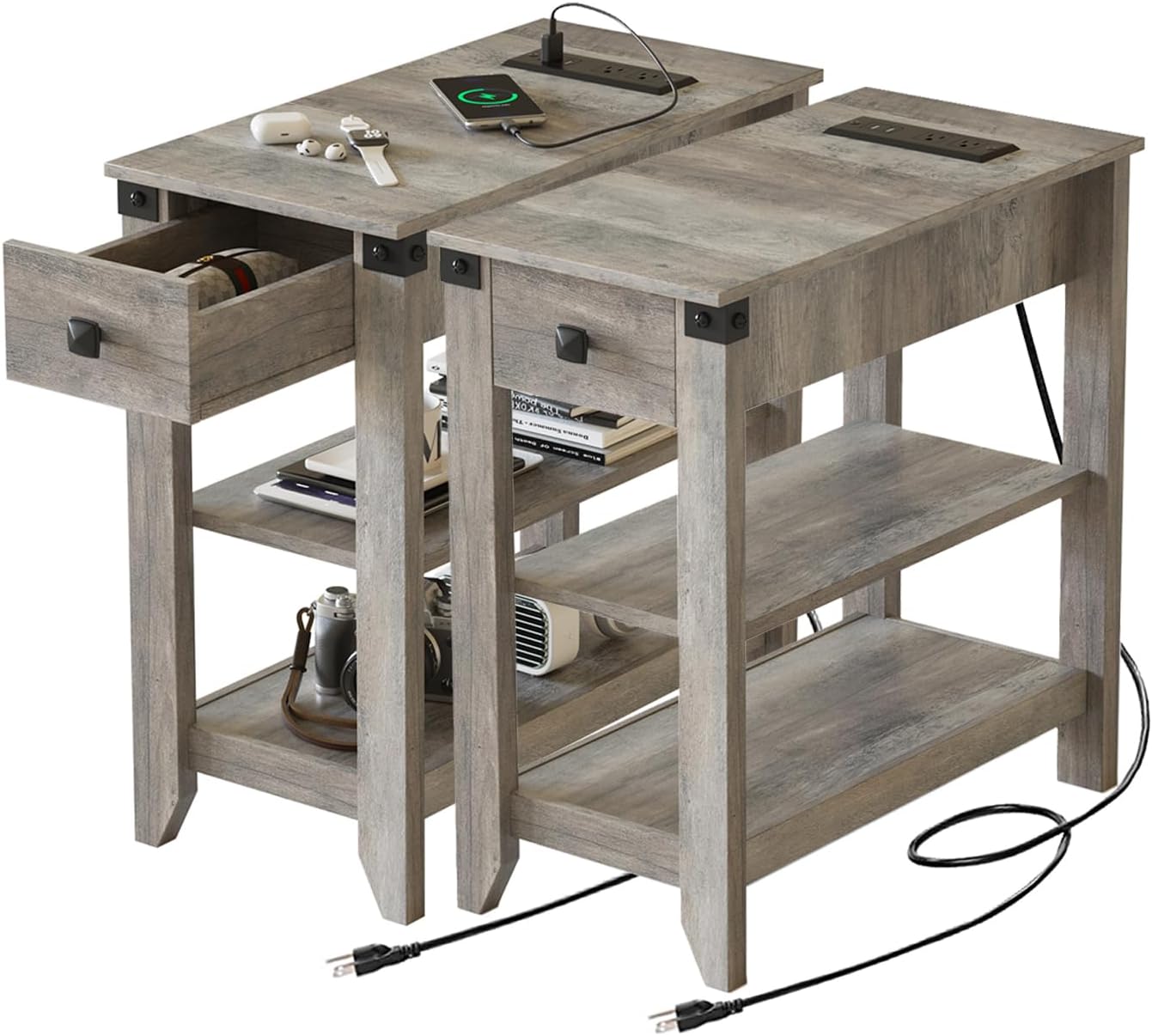 Rustic Grey Narrow End Table with Charging Station, Philippines | Ubuy