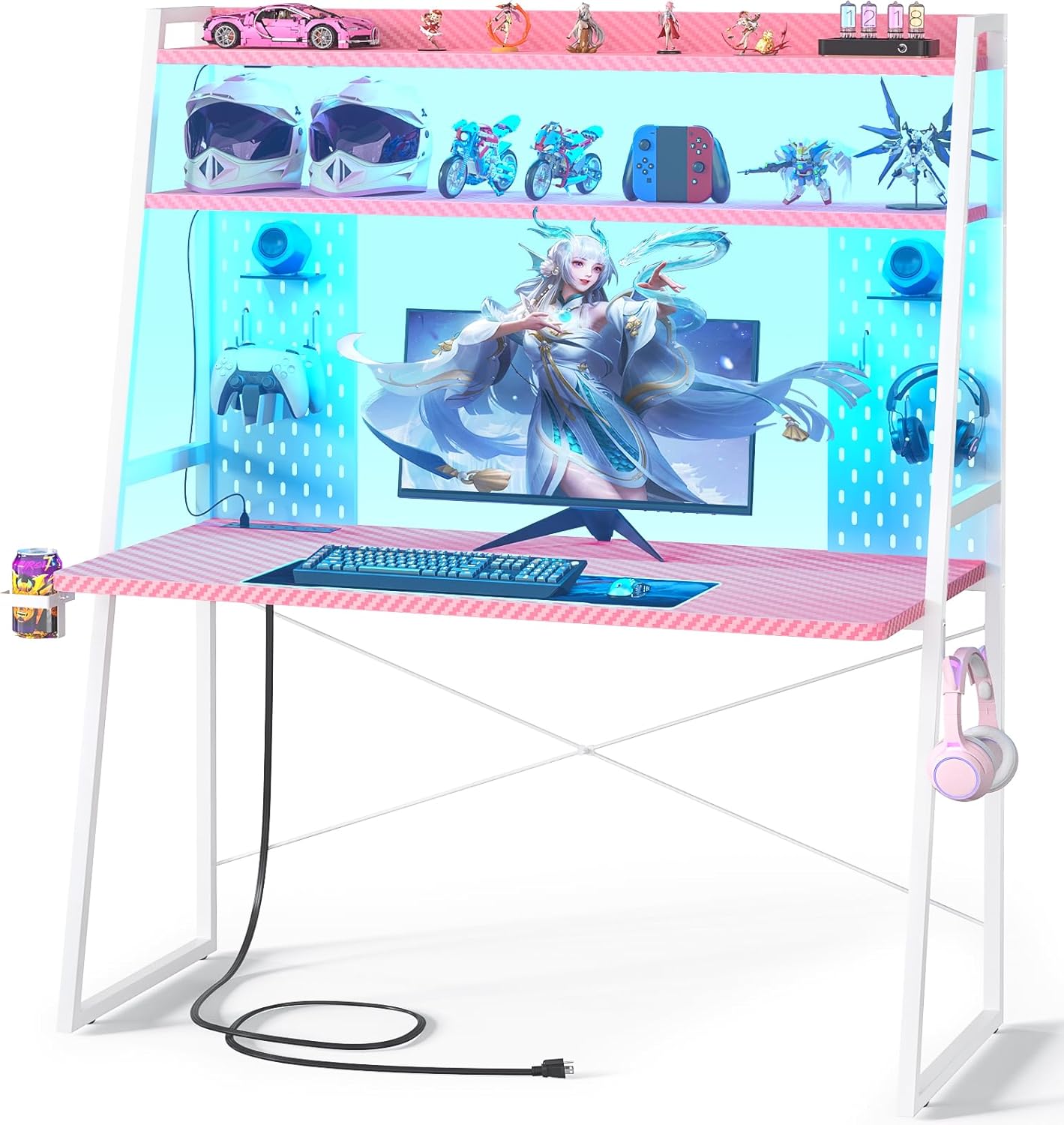 Amazon.com: Small Gaming Desk with Hutch and LED Lights, Gaming ...