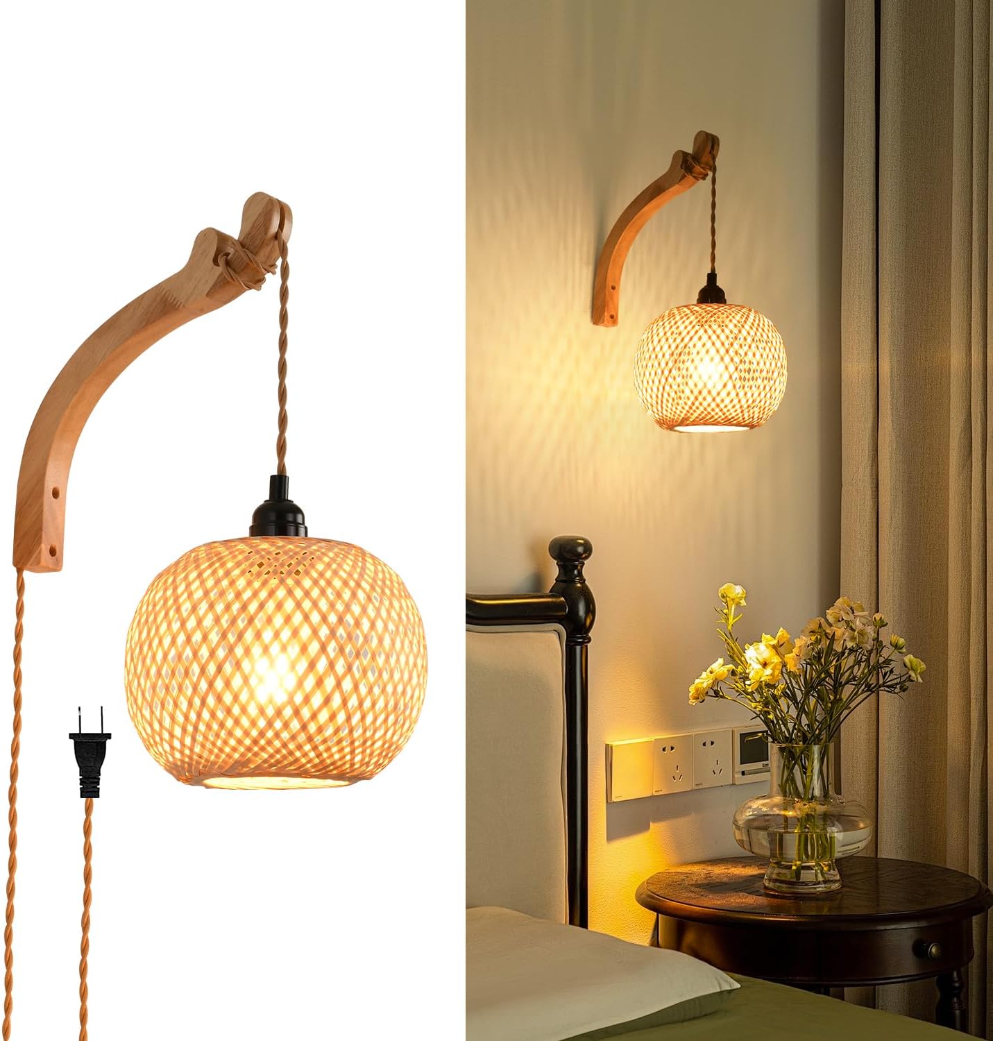CAFULAM Plug in Wall Sconce, Bamboo Rattan Wall Sconce Decor, Farmhouse ...