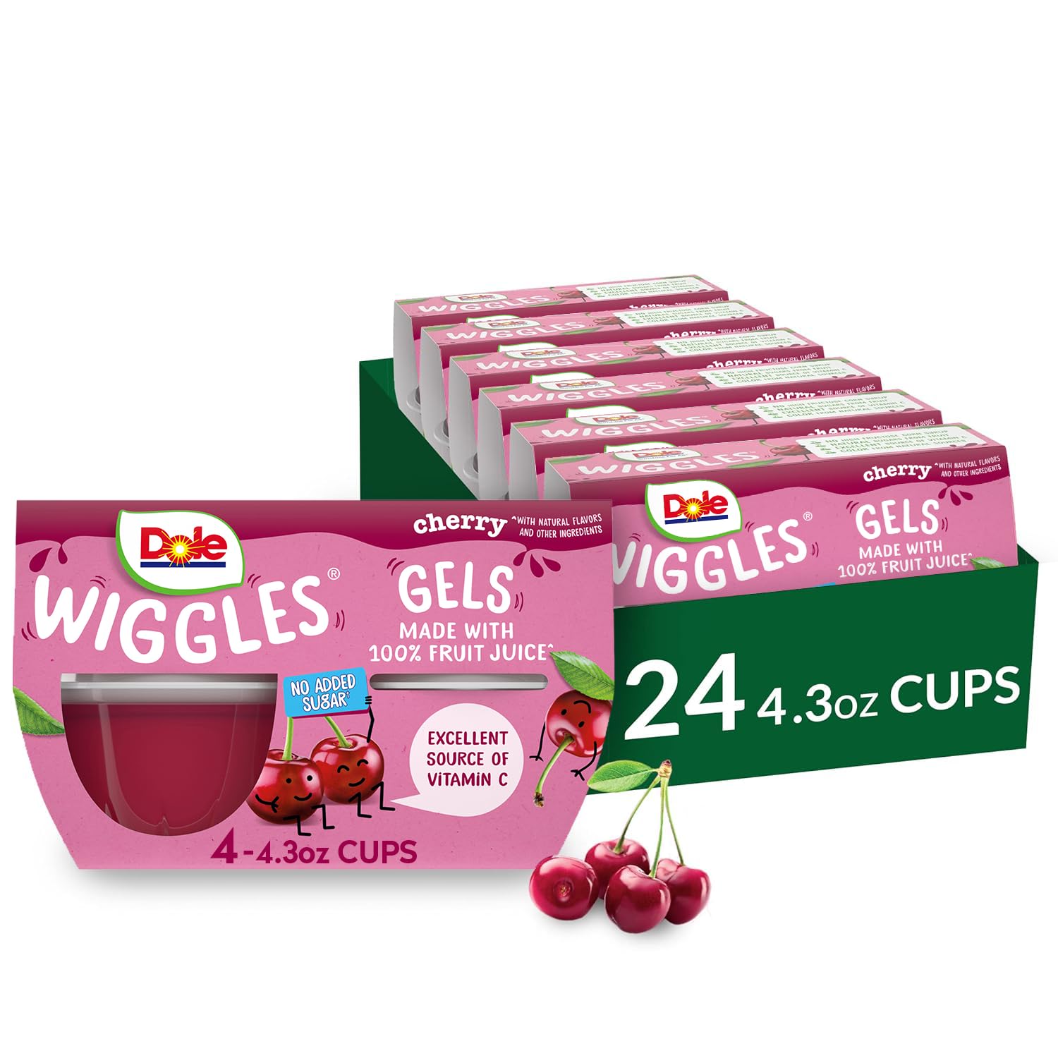 Buy Dole Wiggles No Sugar Added Cherry Fruit Juice Gel Snacks, 4.3oz 24 ...