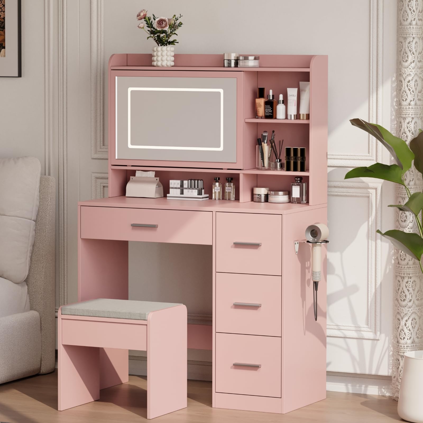 Amazon.com: Viaozutis Vanity Desk with a Mirror and Lights，with Chair ...