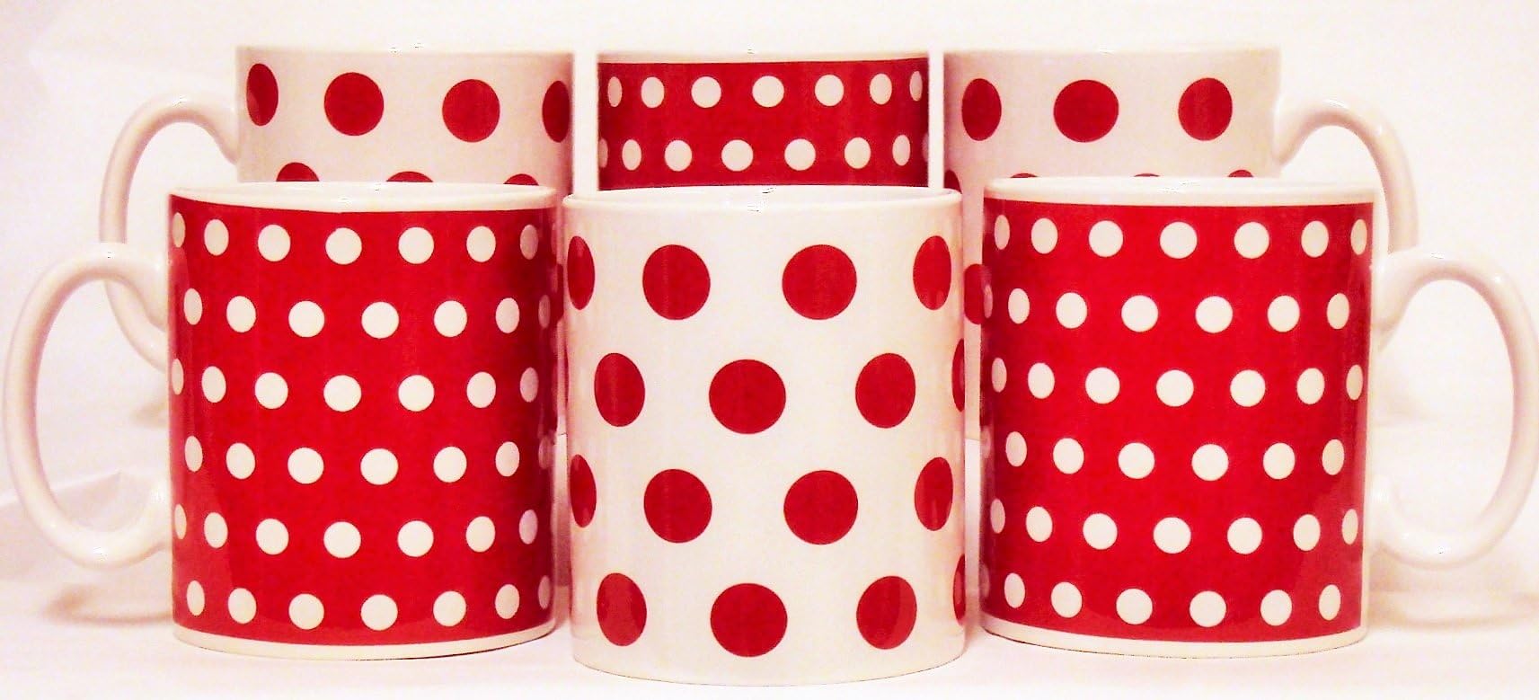 Red Spots Mugs Set of 6 Porcelain Spotty Cups Hand Decorated in The UK ...