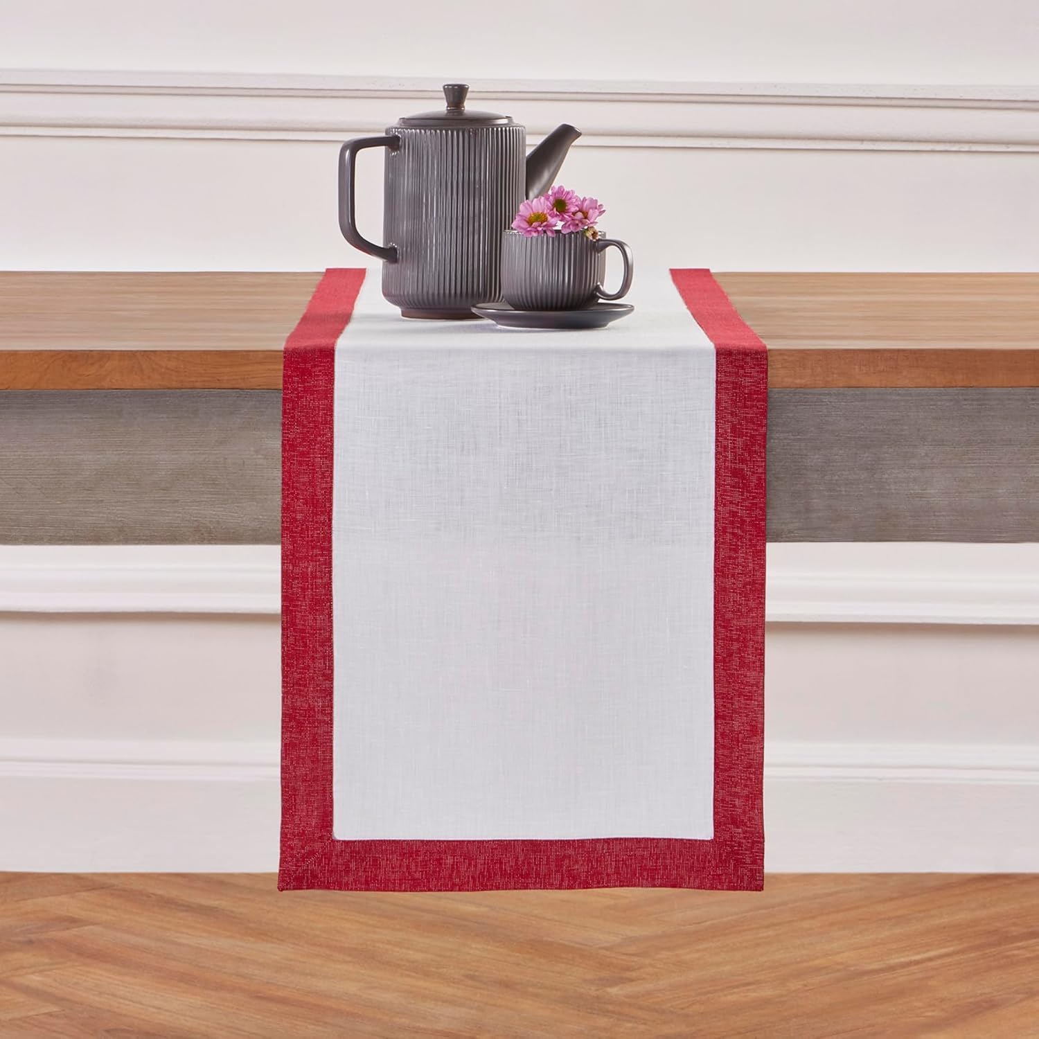 Amazon.com: Solino Home Linen Table Runner 60 Inch - White/Red Shimmer ...
