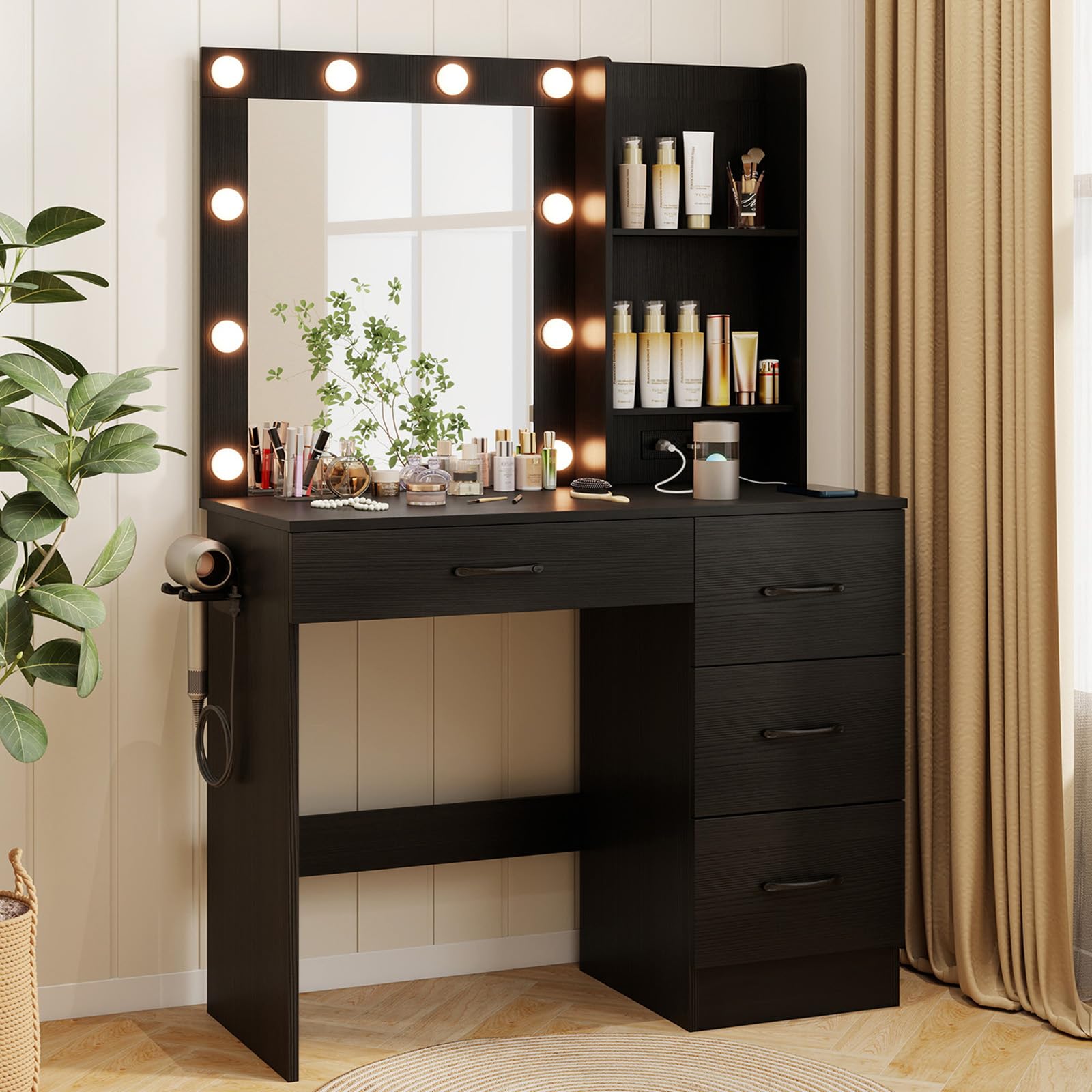 CHARMAID Vanity Desk with Mirror and Lights, Black Makeup Vanity Desk ...