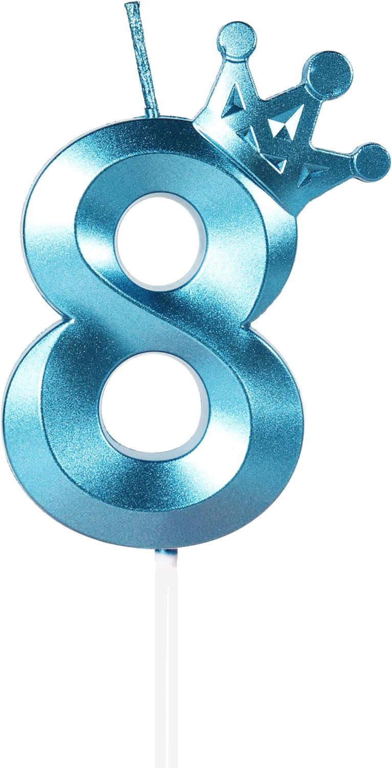 Yiran Blue 8th Birthday Candles with Crown, 3inch Giant Number 8 Candle ...