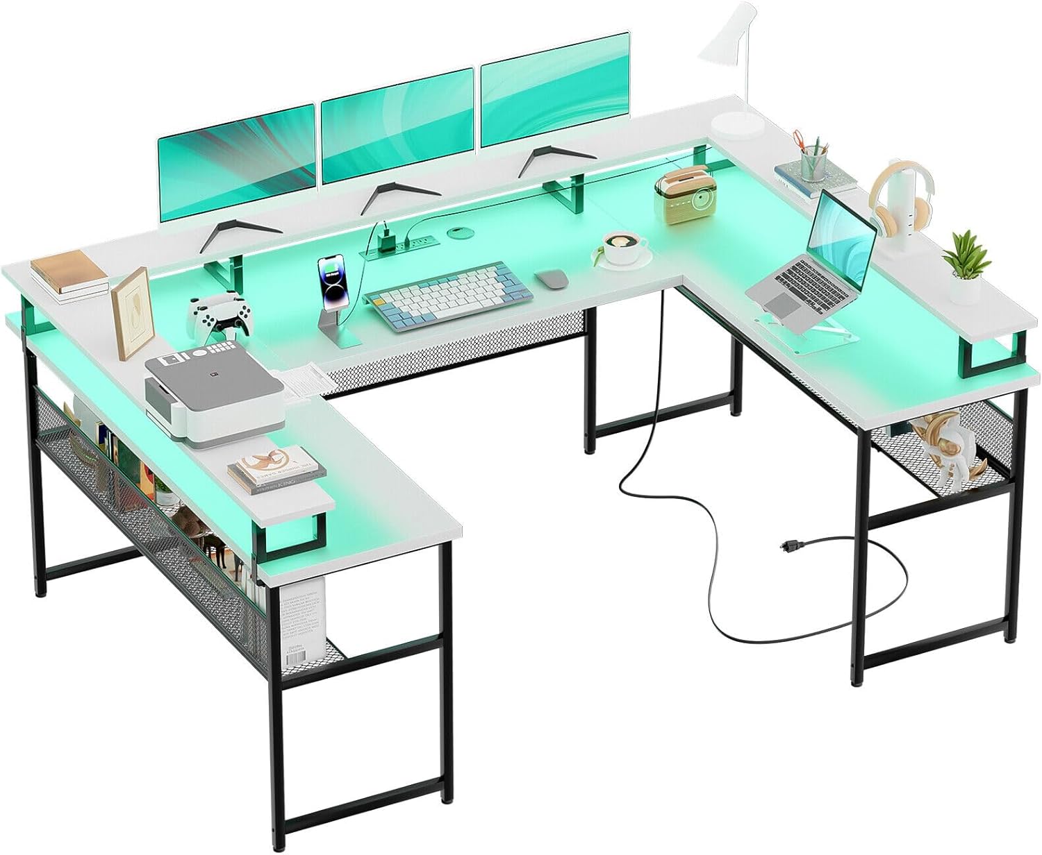 Amazon.com: CutuLi 130" L Shaped Gaming Desk with LED Light & Monitor ...