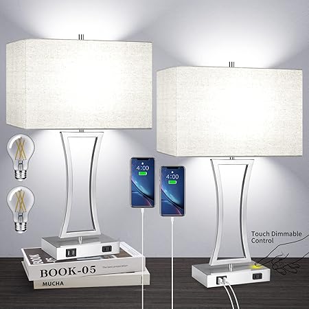 21" Set of 2 Touch Control Table Lamps with 2 USB & AC Outlets, 3-Way ...
