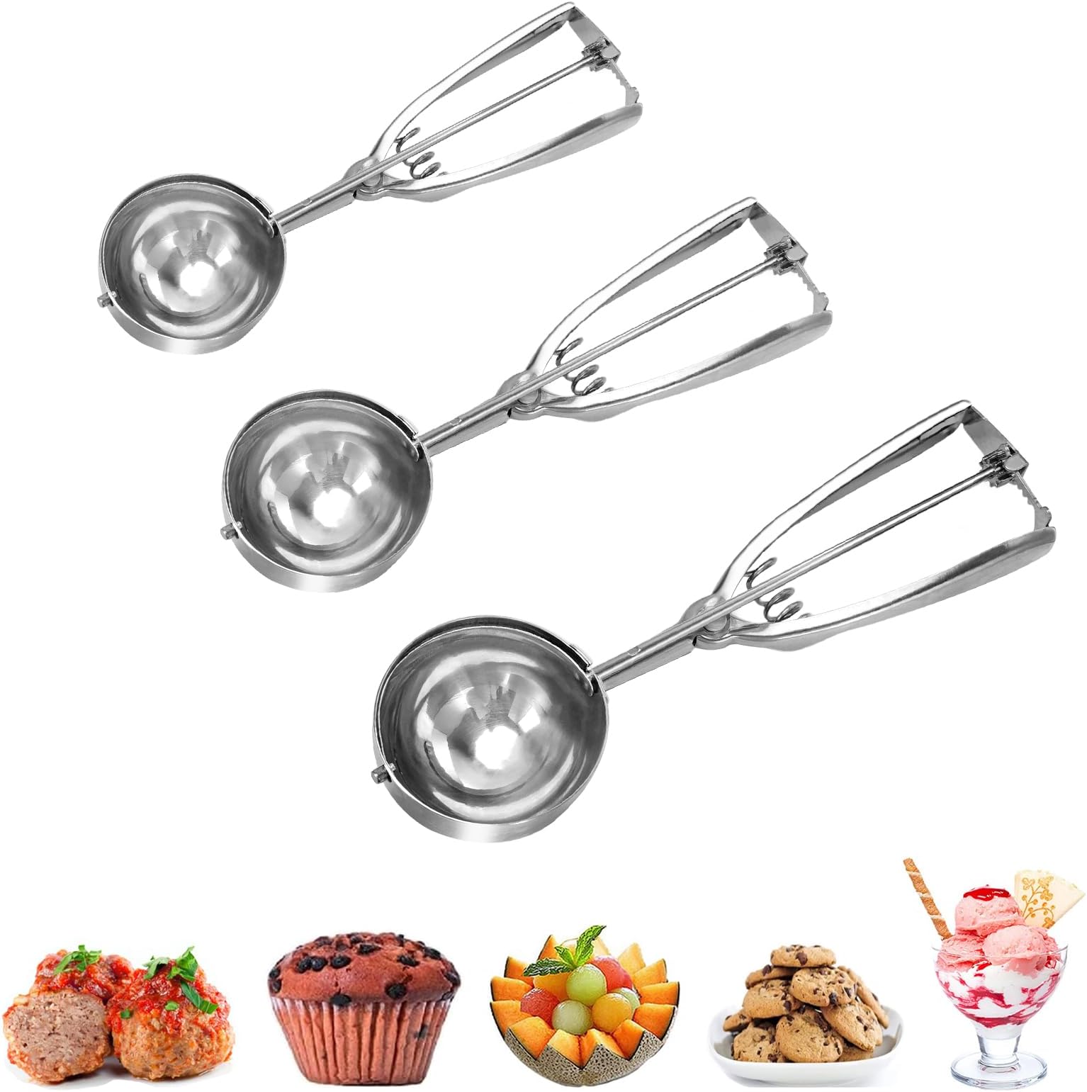 Amazon.com: 3Pcs Ice Cream Scoop Stainless Steel Cookie Scoop Set with ...