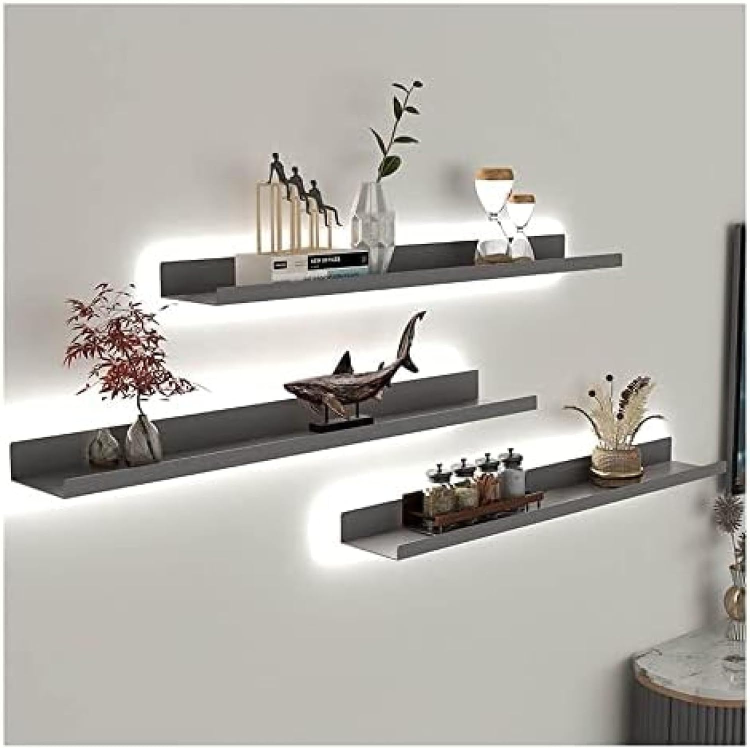Floating Shelves Wall Mounted Built-in LED Light, Metal Wall Mounted ...