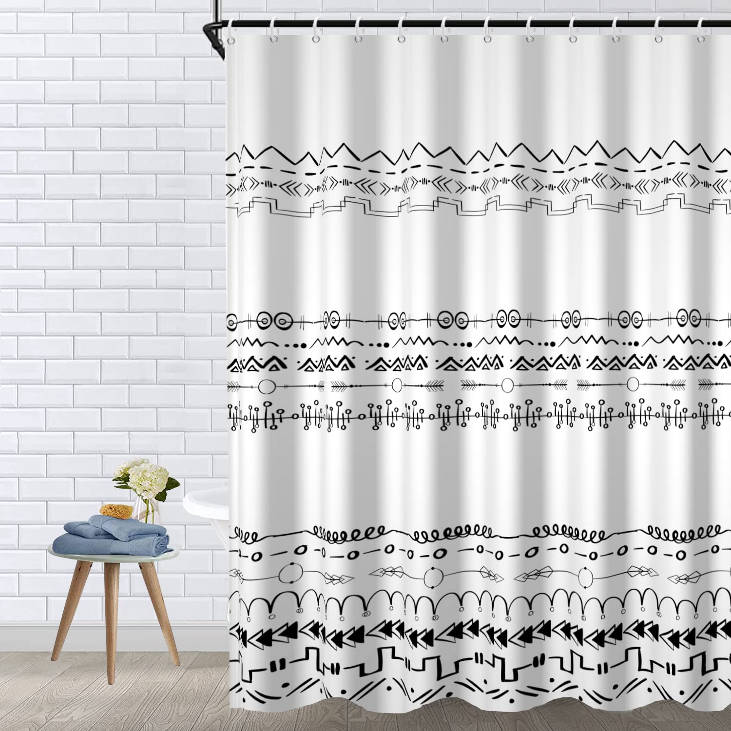 Yeele Boho Shower Curtain, Modern Black and White Shower Curtain - Geometric Summer Shower ...