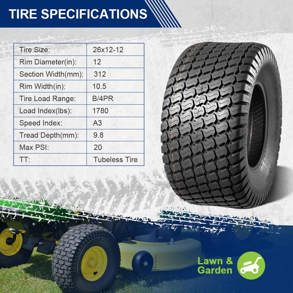 Snapklik.com : MaxAuto 26x12-12 26x12x12 Turf Tires For Lawn & Garden Mower