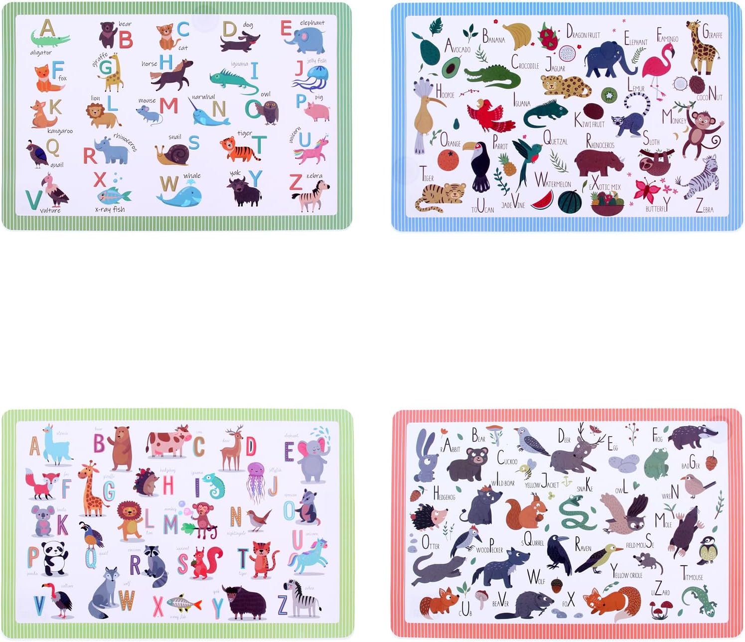 Animal Placemats Set of 4 Alphabet Educational Place Mats for Kid ...