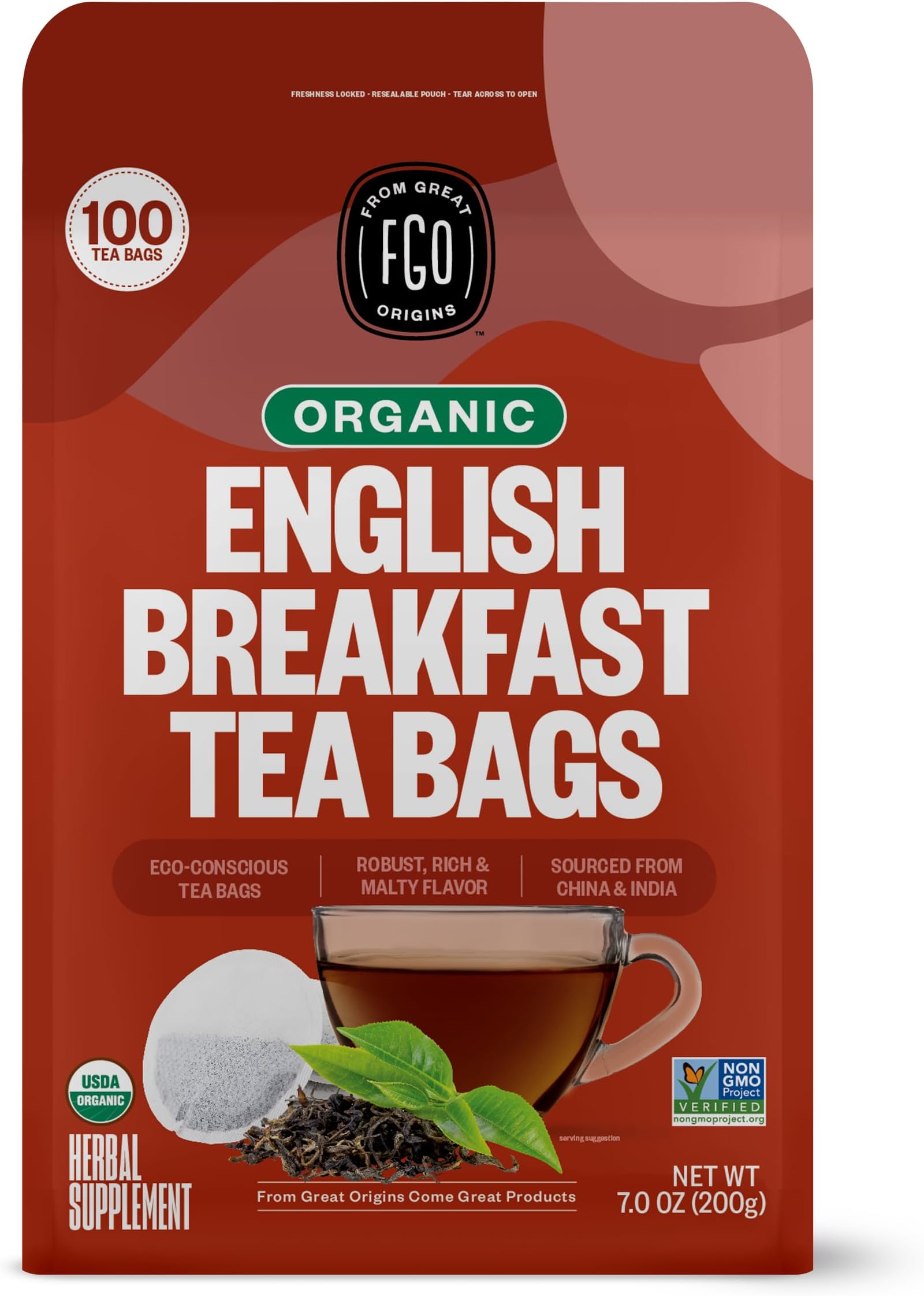 Amazon.com : FGO Organic English Breakfast Black Tea, 100 Count, Eco ...