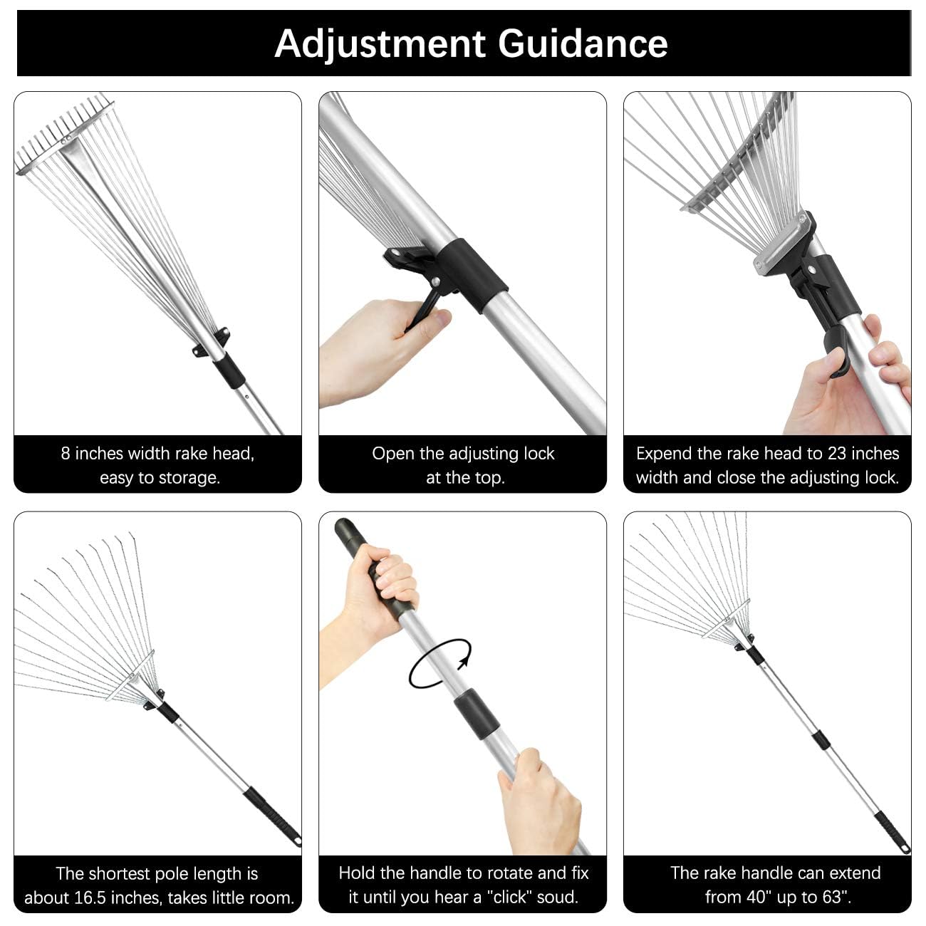 Buyplus Adjustable Garden Leaf Rake - 24 to 63 Inch Telescopic Metal ...