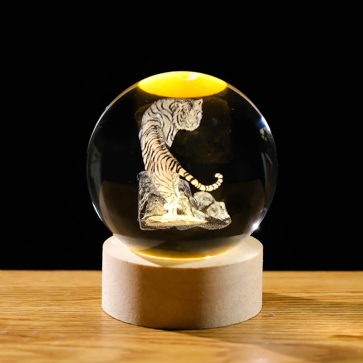 Arikyrist 3D Crystal Tiger Figurines with Wooden Light Base, Tiger ...