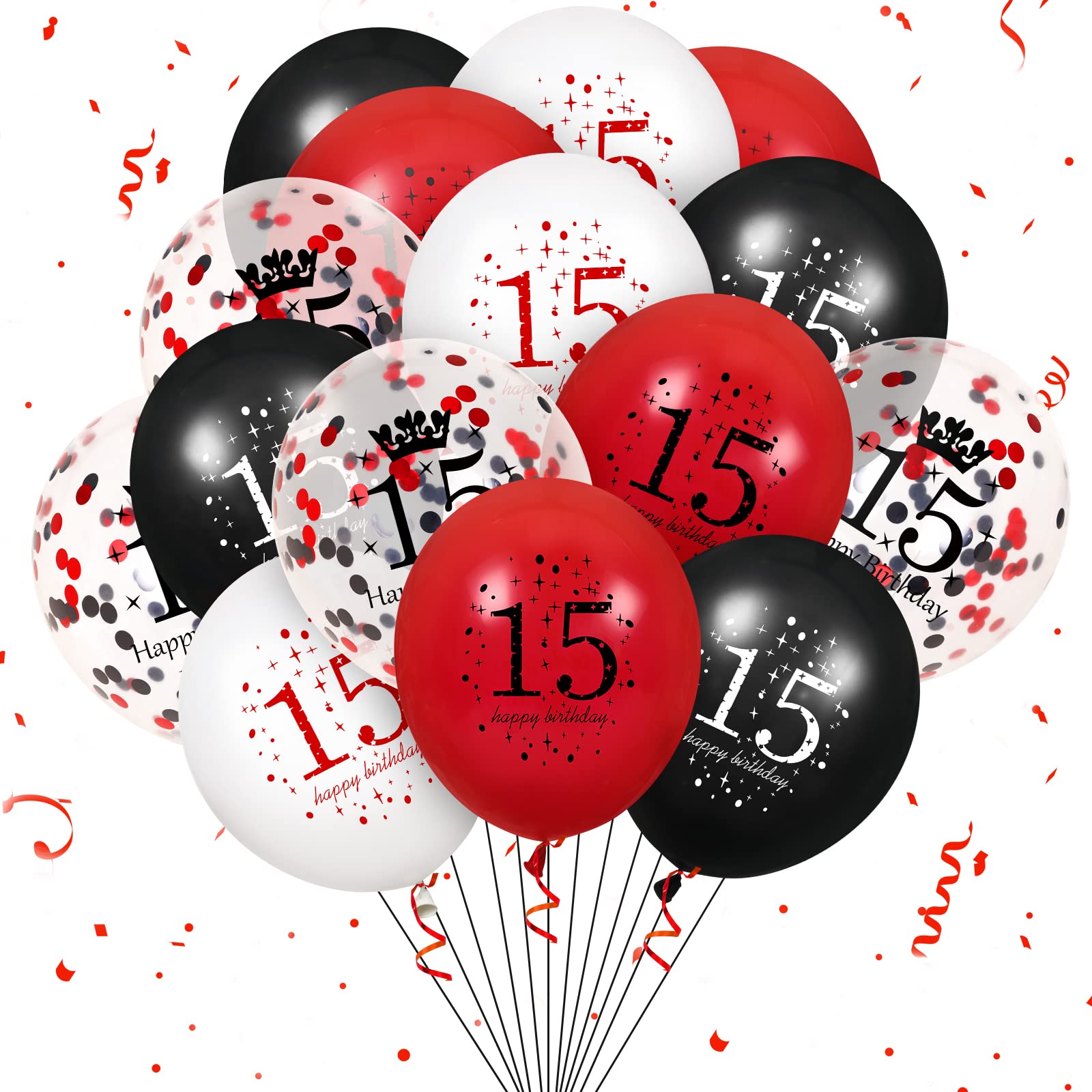 Amazon.com: 15th Latex Birthday Balloons, 16Pcs Red Black Happy 15th ...