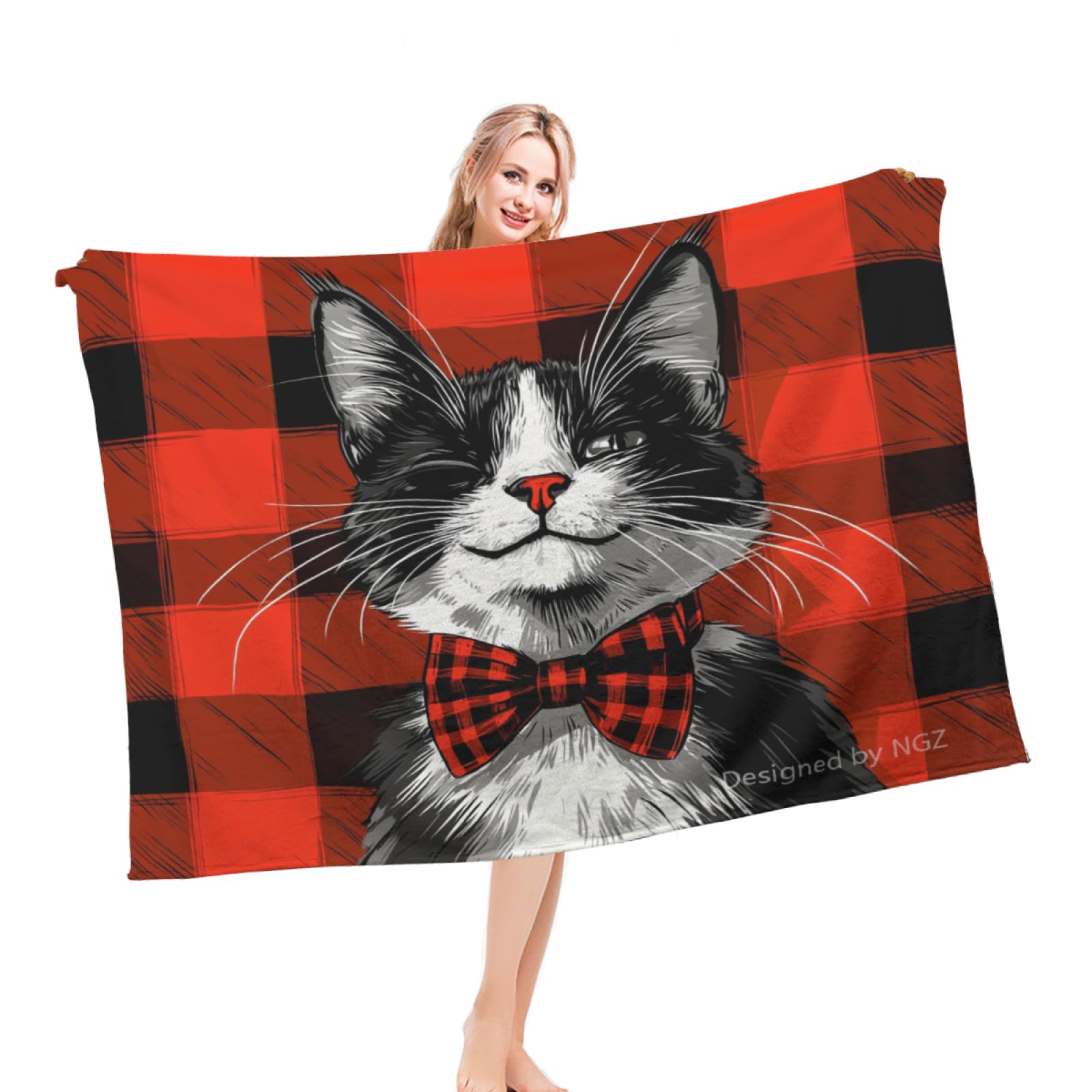 Amazon.com: NGZ Tuxedo Cat Throw Blanket, Red and Black Plaid Christmas ...