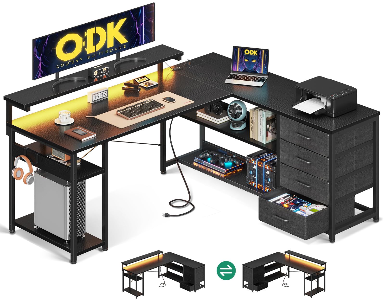 ODK Corner Desk with Drawers, L Shaped Gaming Desk with LED Lights ...