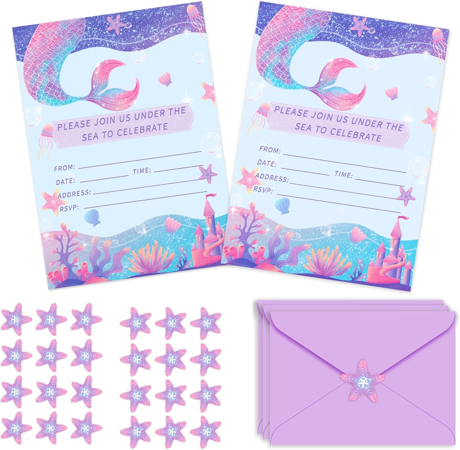 Amazon.com : CheeseandU 12 Sets Mermaid Birthday Invitations Mermaids ...