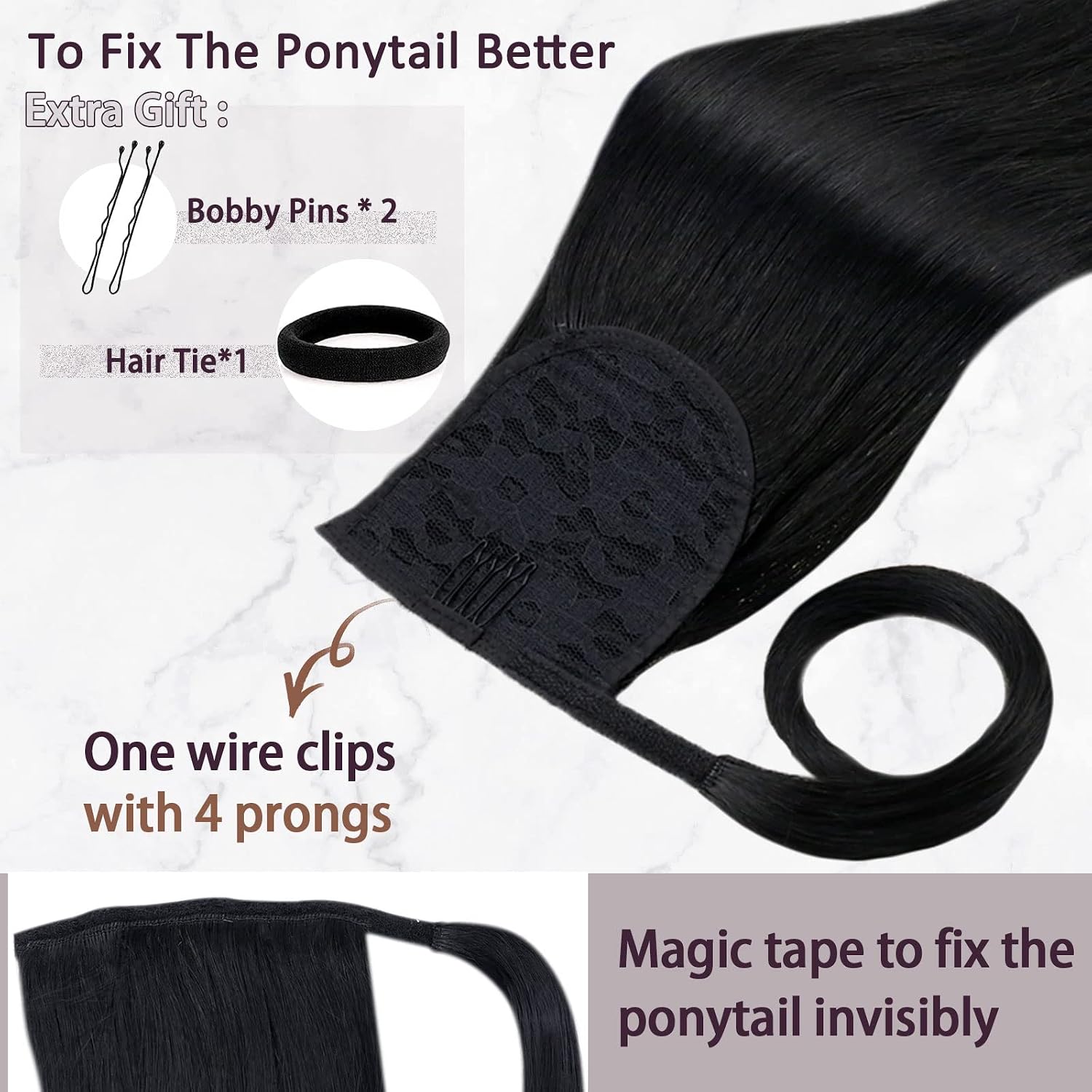RUNATURE Extensiones de cabello humano de una pieza de cola de caballo ...