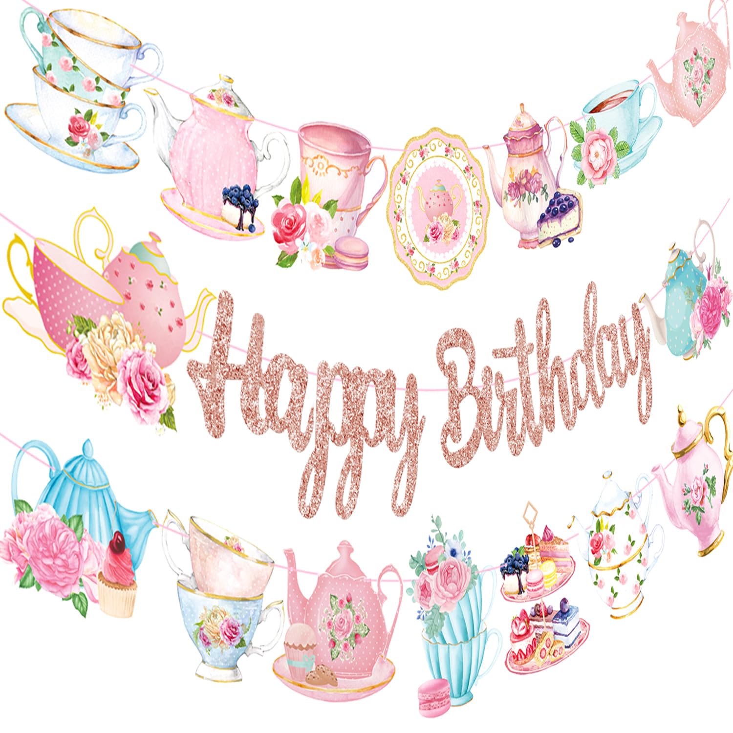 Amazon.com: Tea Party Birthday Banner Rose Gold Tea Themed Happy ...