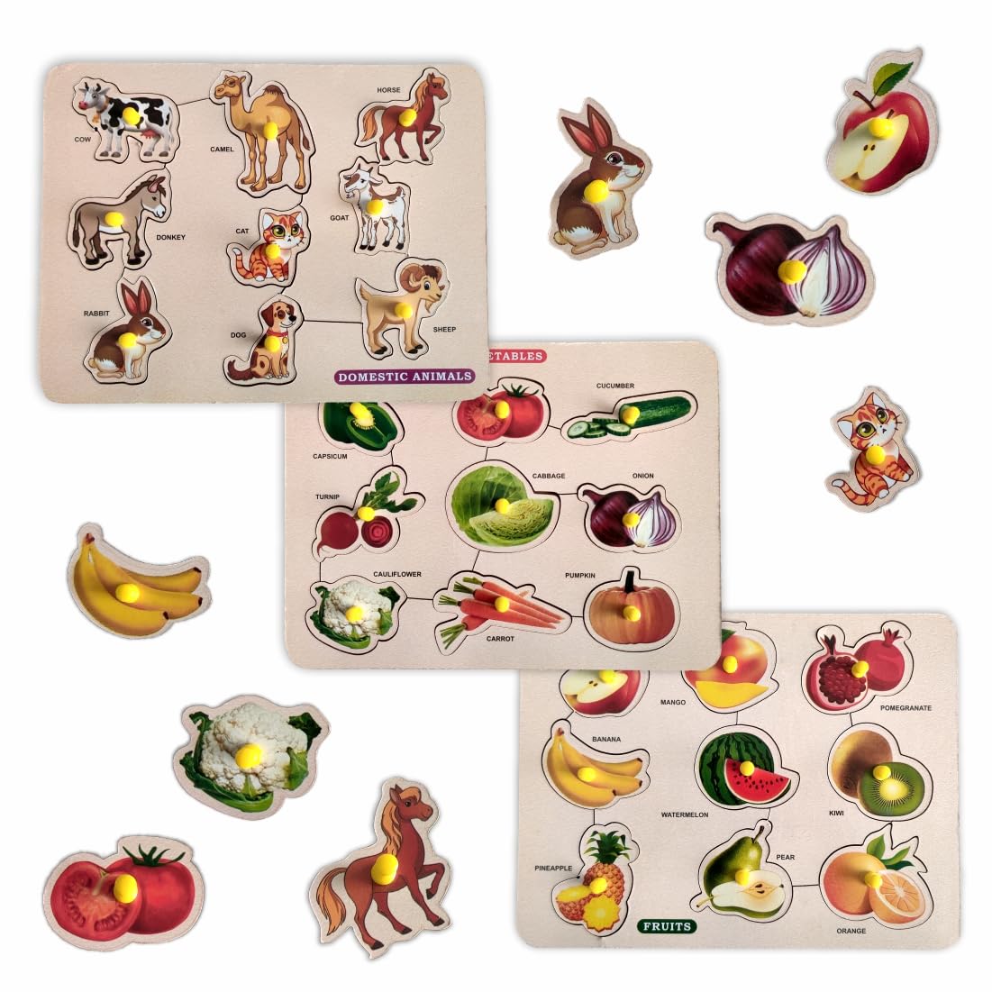 TOFANI 3 in 1 Wooden Domestic Animal,Vegitable & Fruits Puzzles for ...