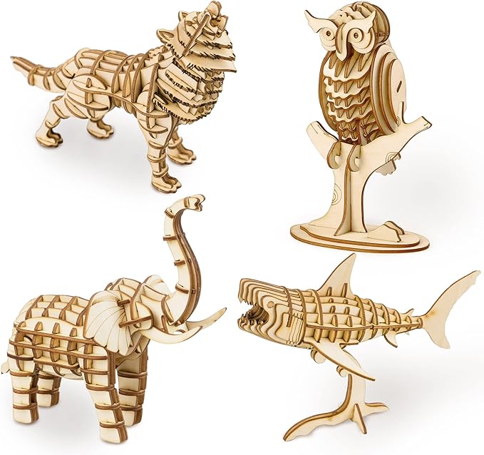 Amazon.com: Rolife 3D Wooden Animal Puzzles 4 Piece Set Model Toy Wood ...