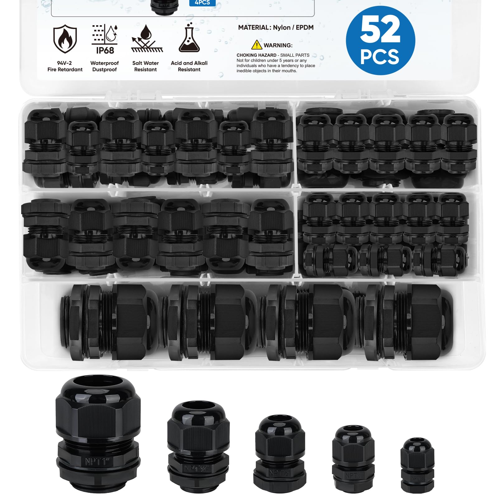 Snapklik.com : TICONN 52 Pcs IP68 Waterproof Cable Gland Kit Nylon NPT ...