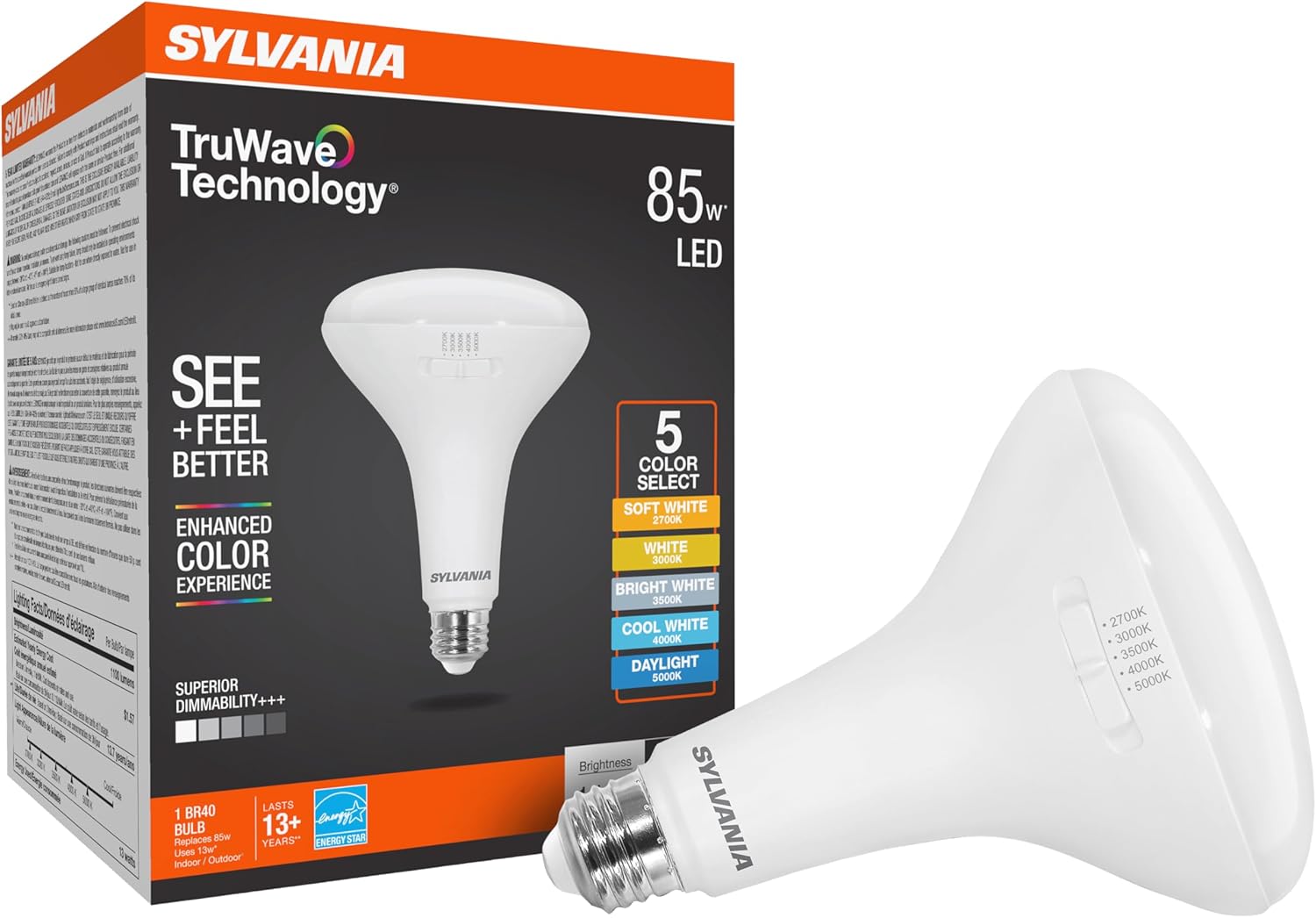 LEDVANCE Sylvania TruWave BR40 LED Light Bulb, 13W = 85W, 5 CCT Select ...