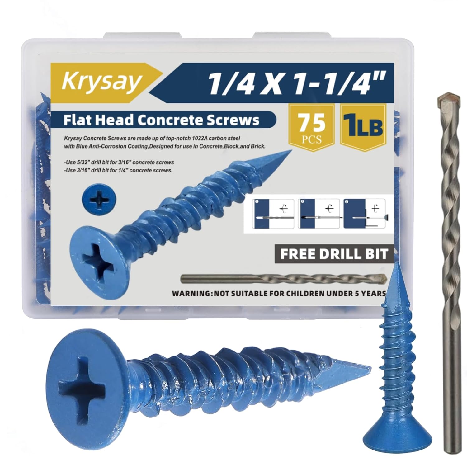Krysay 1/4 x 1-1/4 in Concrete Screws with Drill bits,Masonry Screws ...