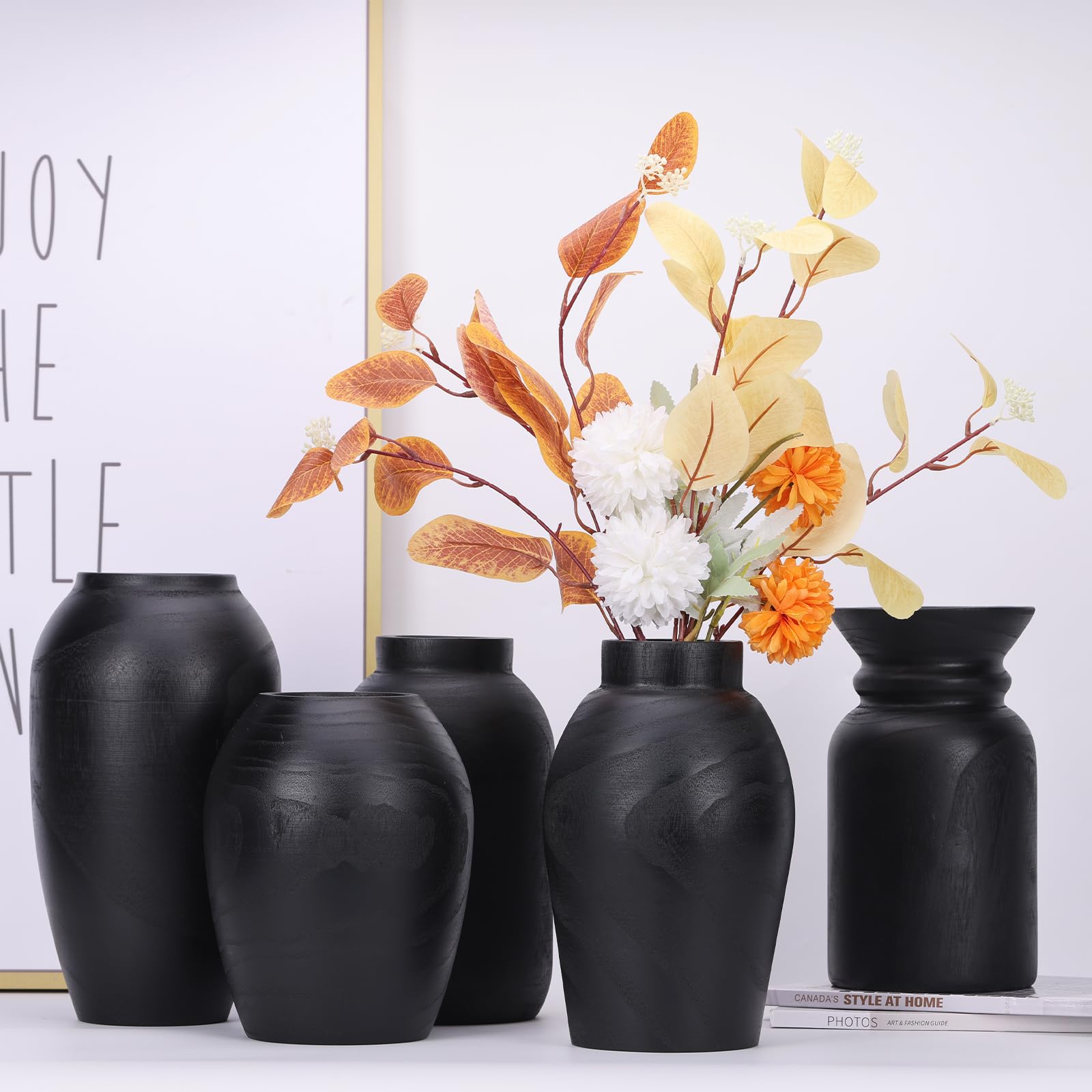 9.0" Tall Black Wood Vase Farmhouse Table Centerpiece, Wood Flower Vase ...