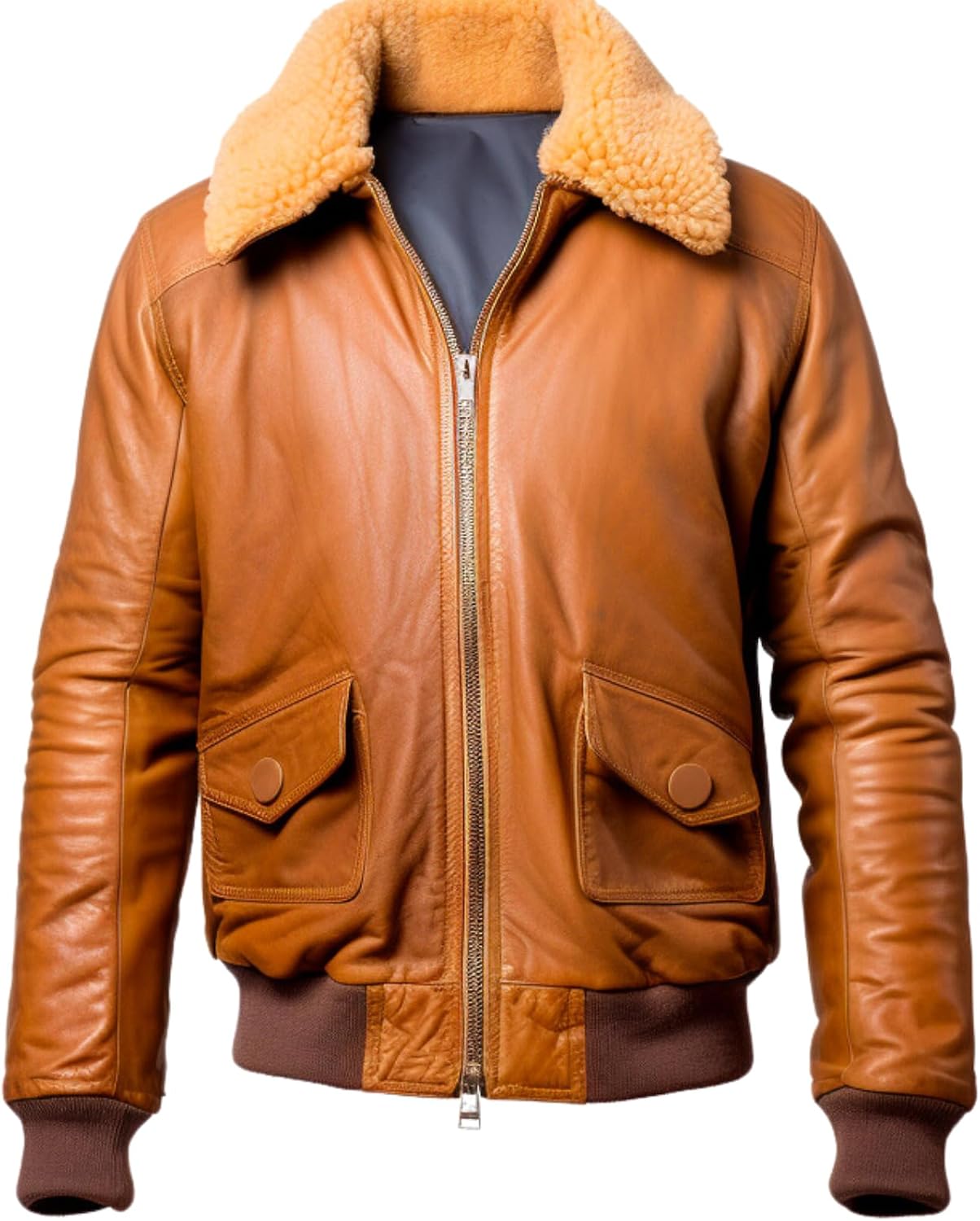 Men's Brown Classic Pilot Leather Look Aviator Flight Jacket with Fur ...