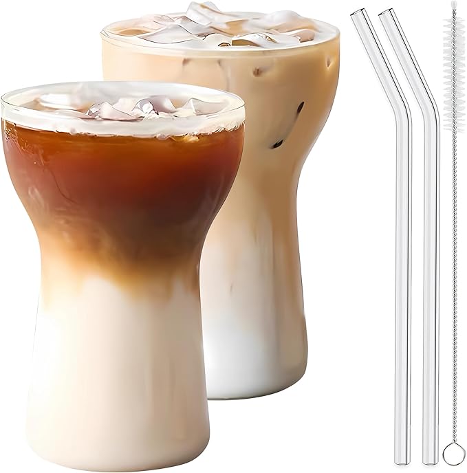 Amazon.com | Ework4U 2 Pcs Iced Coffee Glasses Cup with Glass Straws ...