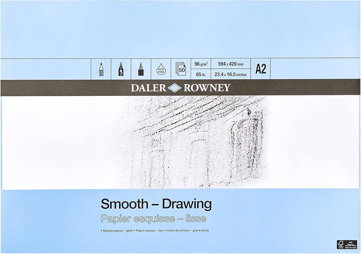 Daler-Rowney Smooth 96gsm A2 Drawing Paper Pad, Glued 1 Side, Acid-free ...