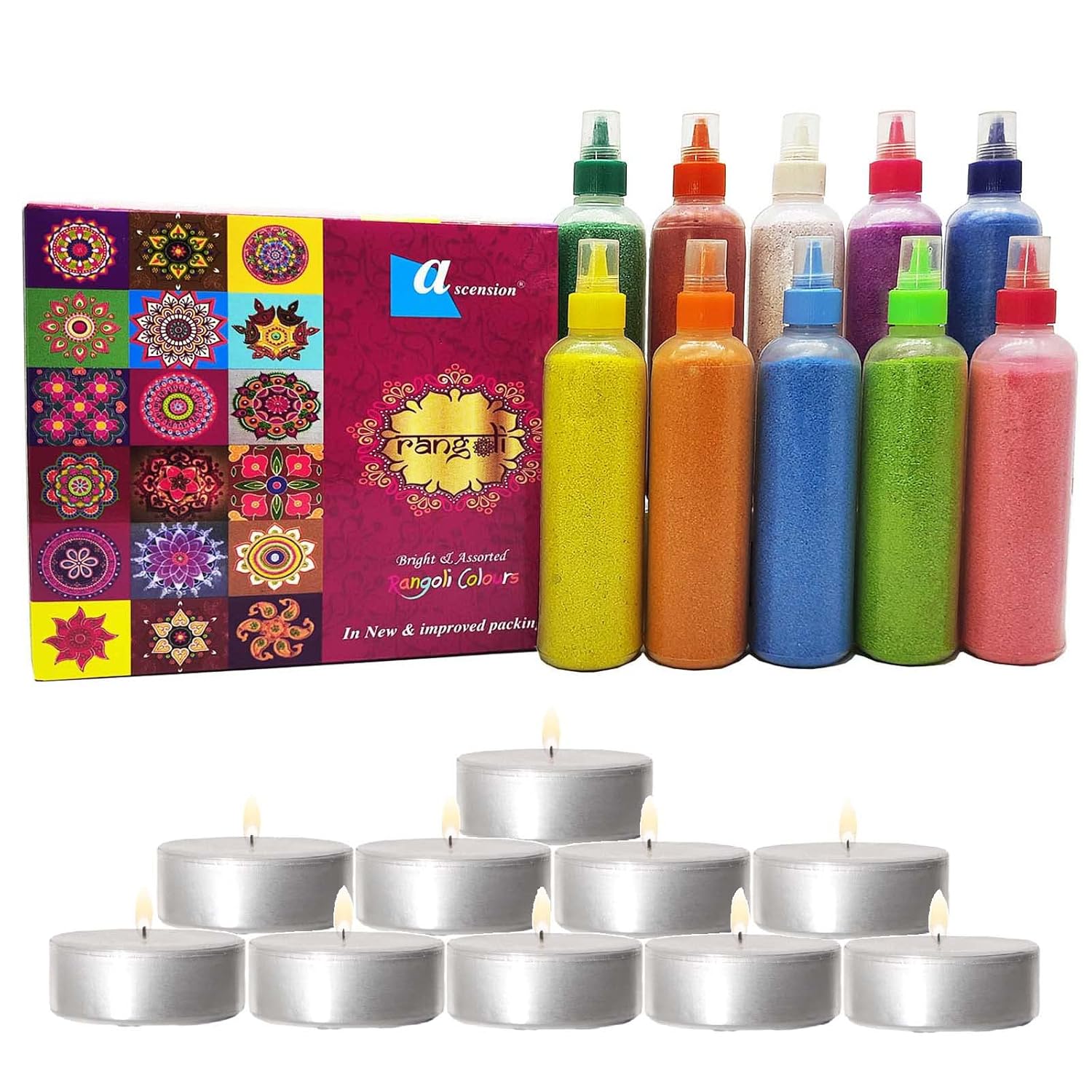 Buy Ascension 10 Rangoli Powder Colors Bottles 80gm Each Design Diwali ...