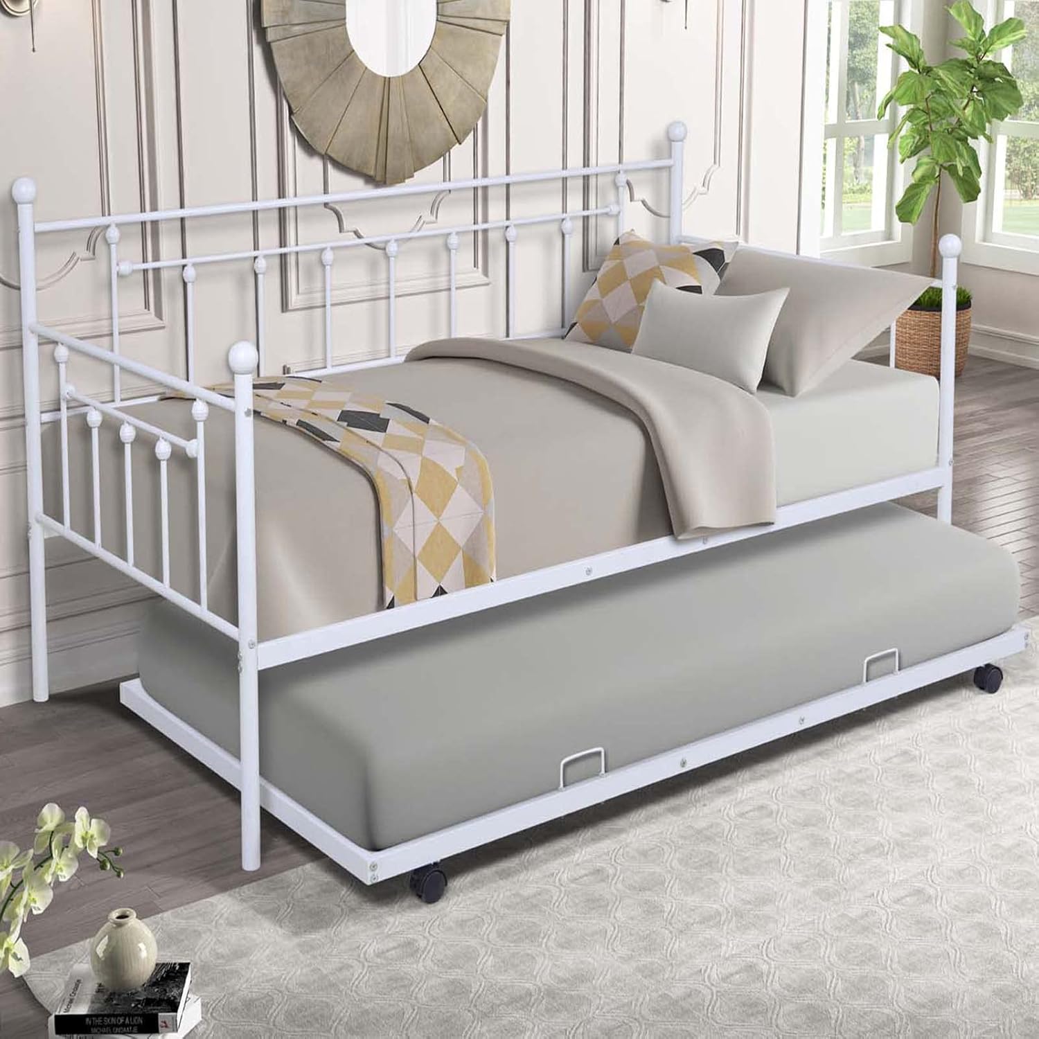 Amazon.com: Twin Size Metal Daybed Frame with Trundle, Heavy Duty Steel ...