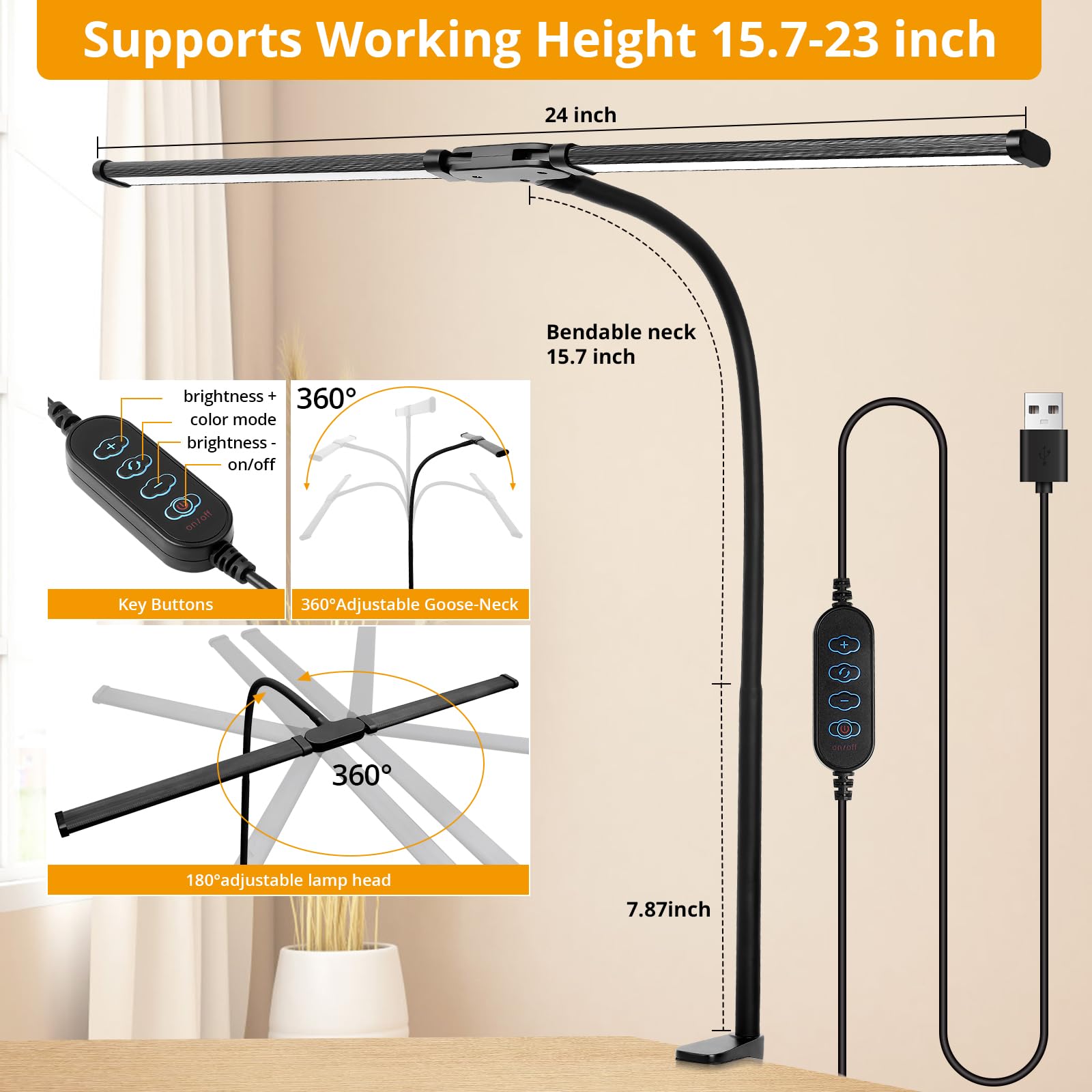 Snapklik.com : Woputne Desk Lamp Clamp Light, Adjustable Dual Head, 10 ...