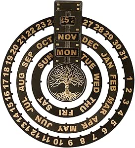 Wood Rustic Circular Wall Mounted Spin Perpetual Calendar, Farmhouse ...