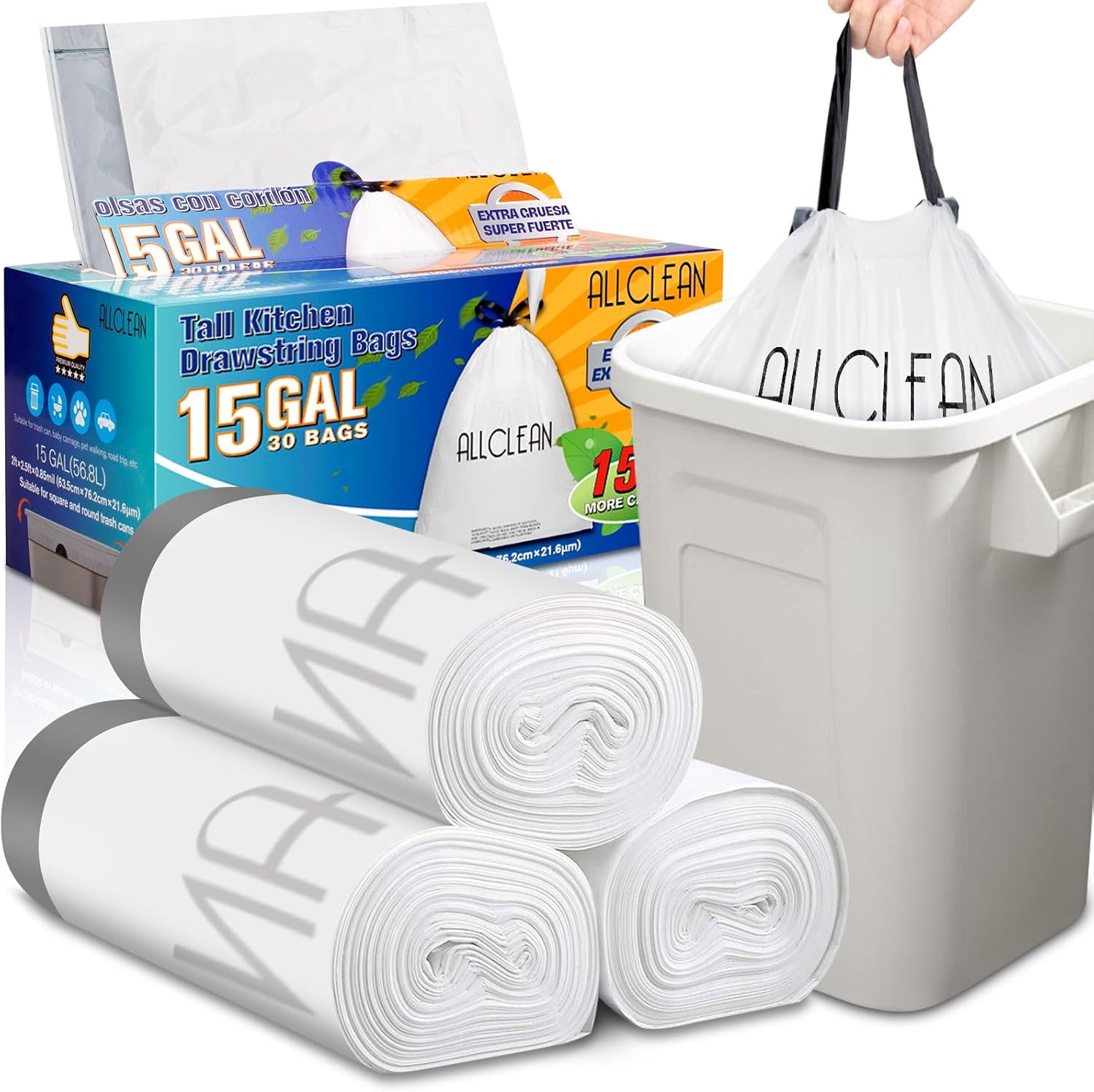 Amazon.com: JI01 Trash Bags 15 Gallon Tall Kitchen, Drawstring Garbage ...