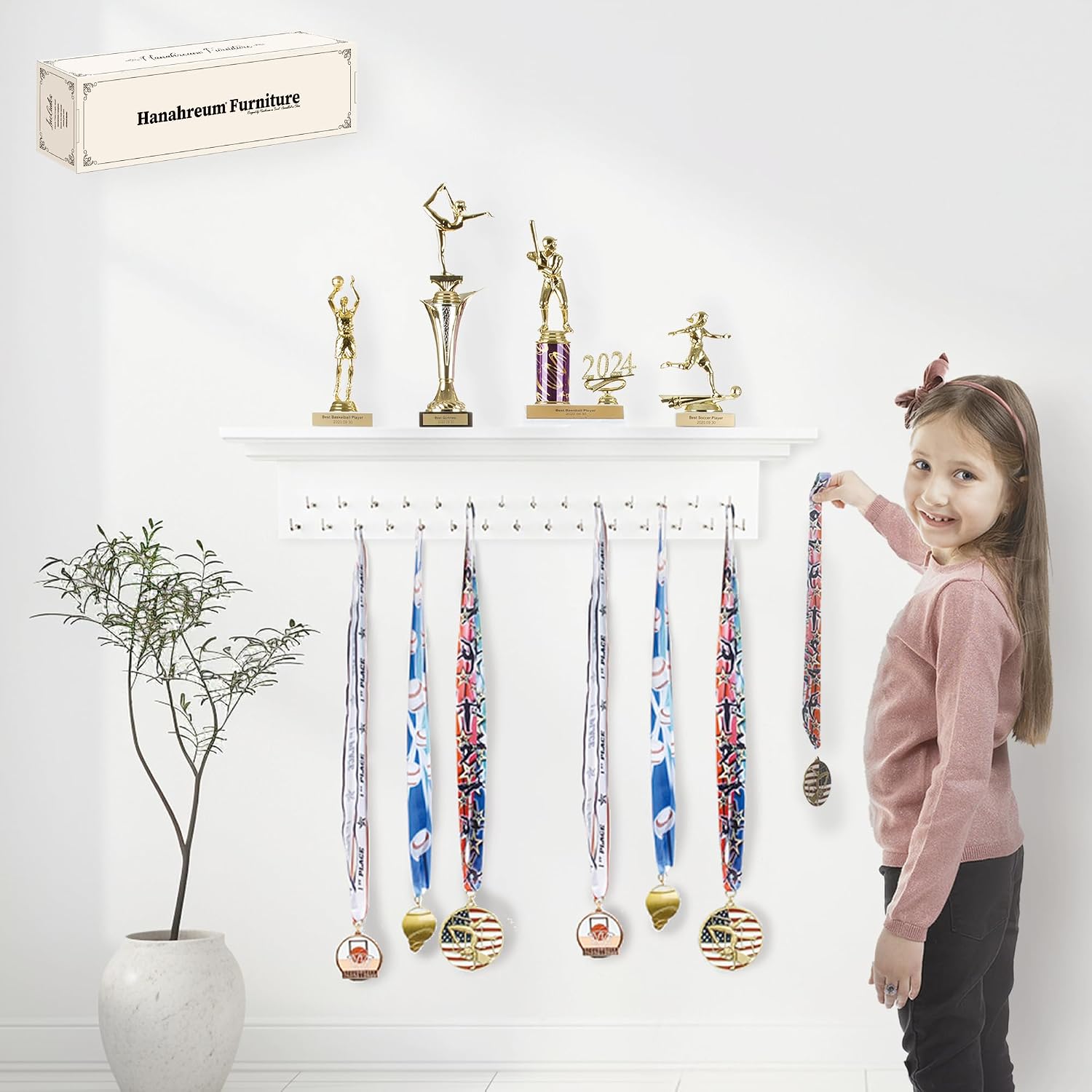 Amazon.com: HANAHREUM Medal Hanger Display & White Trophy Shelf ...