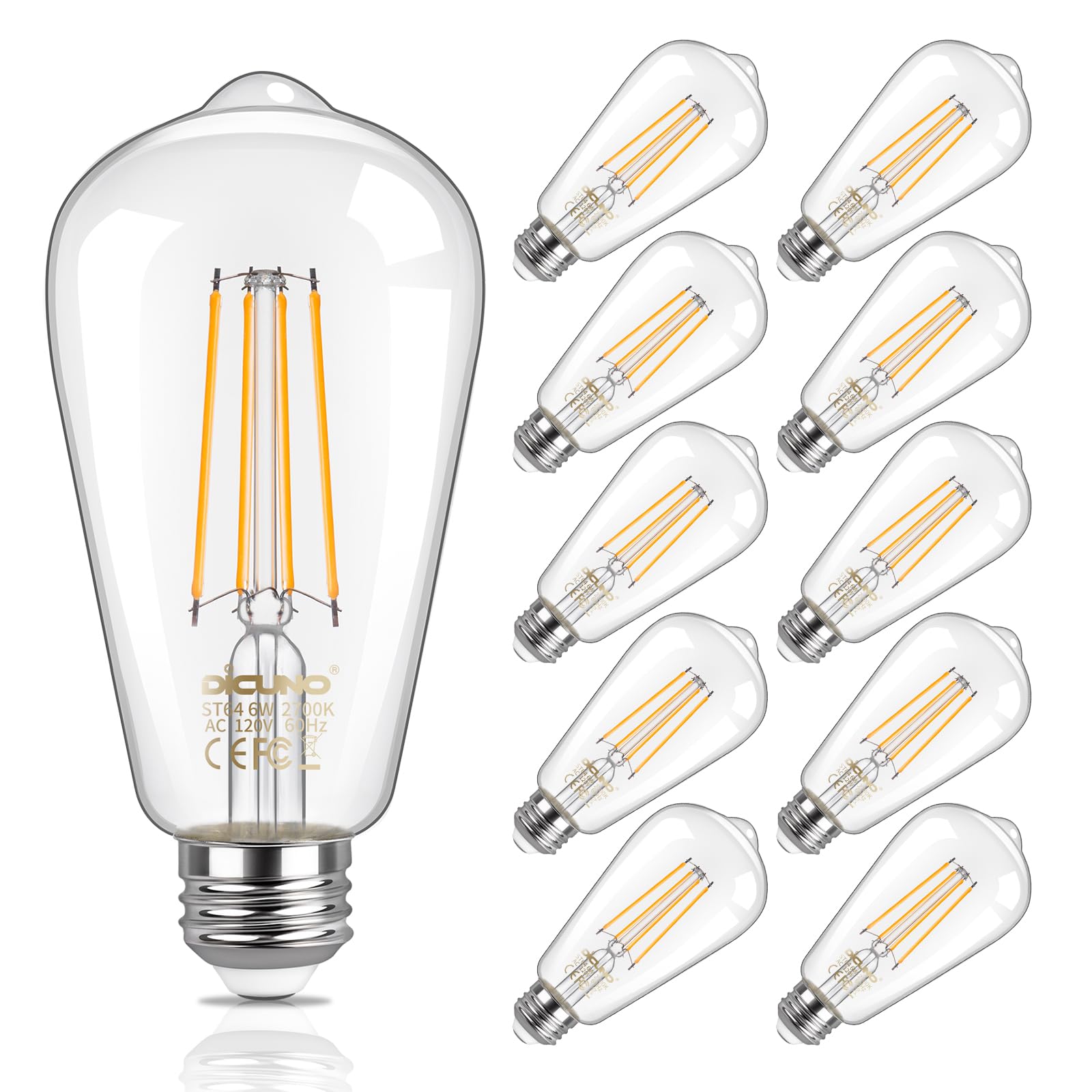 DiCUNO ST64 Edison LED Bulb 60W, Warm White 2700K, 6W LED Edison Bulb ...