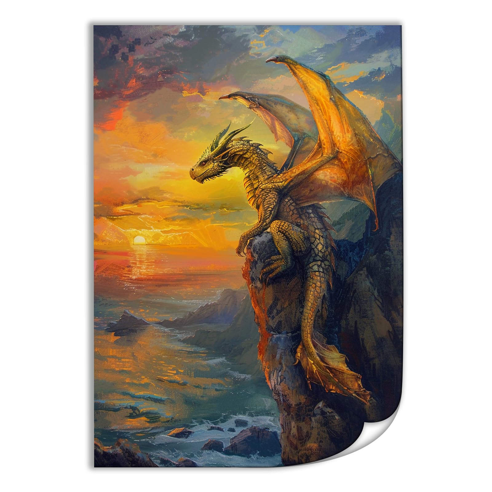 Amazon.com: Sunset Ocean Fantasy Golden Dragon Poster Canvas Wall Art ...