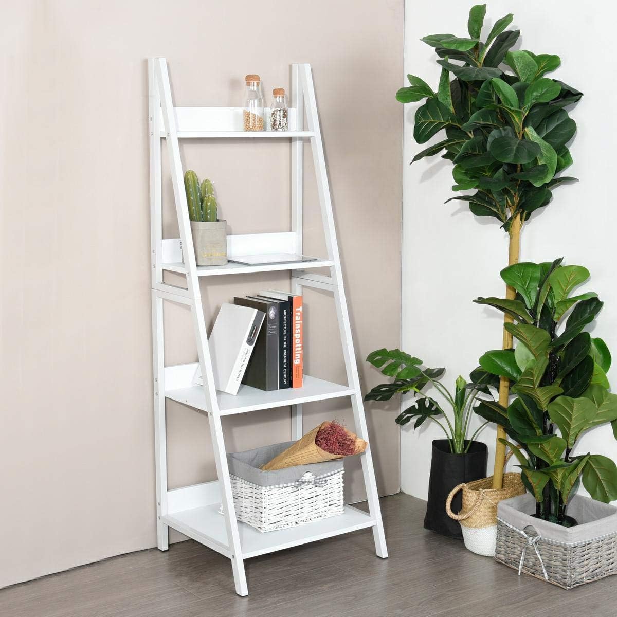 Amazon.com: None White Finish 4-Tier Shelves Leaning Ladder Bookcase ...