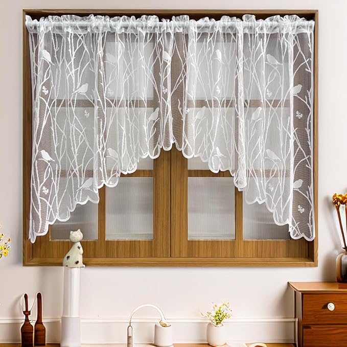 Amazon.com: KMSG White Bird Lace Kitchen Sheer Curtain Valances Cafe ...