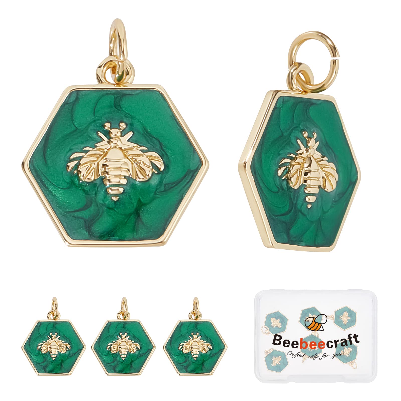 Amazon.com: Beebeecraft 1 Box 6Pcs Hexagon Charms 18K Gold Plated Brass Bee Green Enamel Charm ...